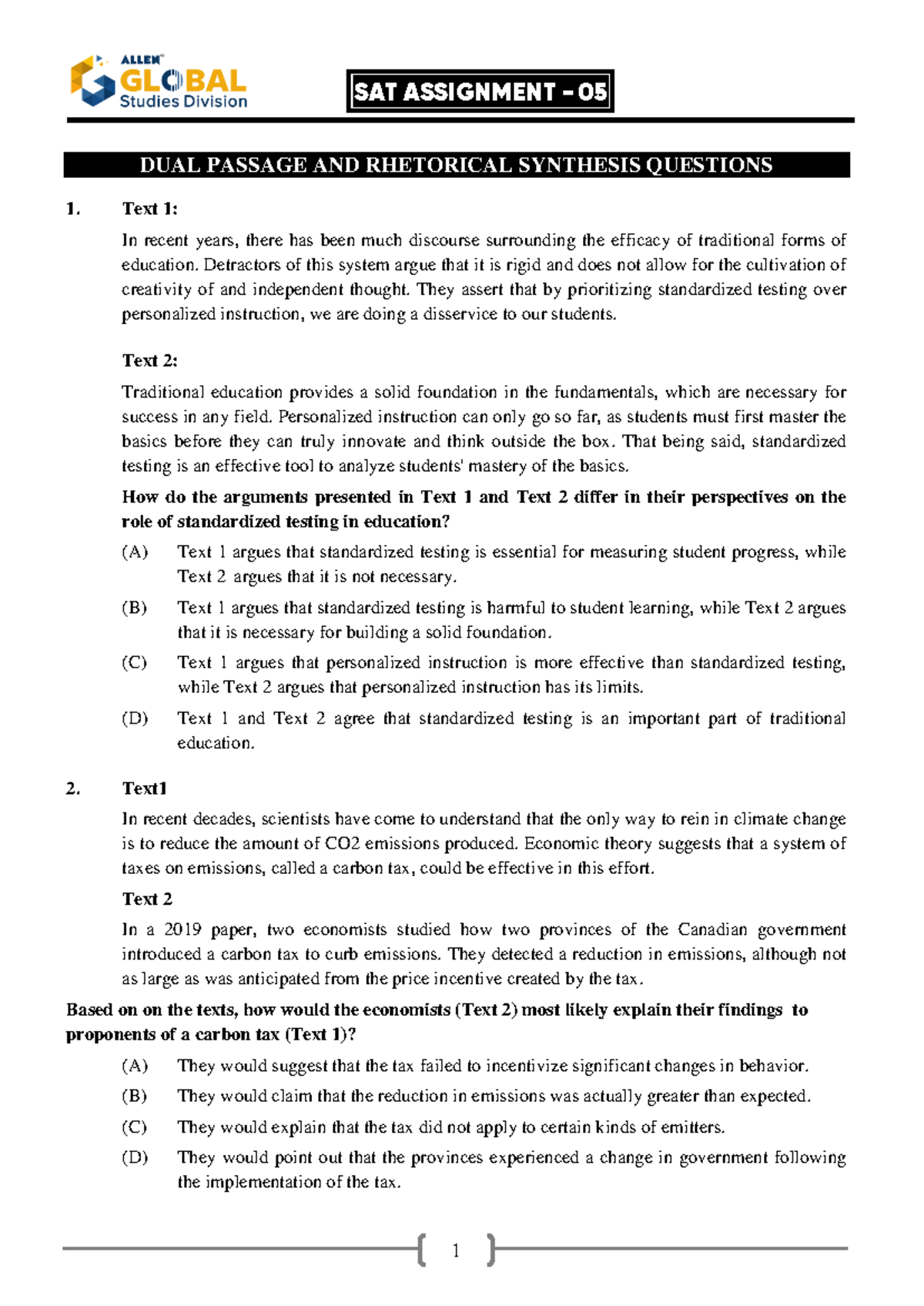 Assignment DUAL Passage Questions - DUAL PASSAGE AND RHETORICAL ...