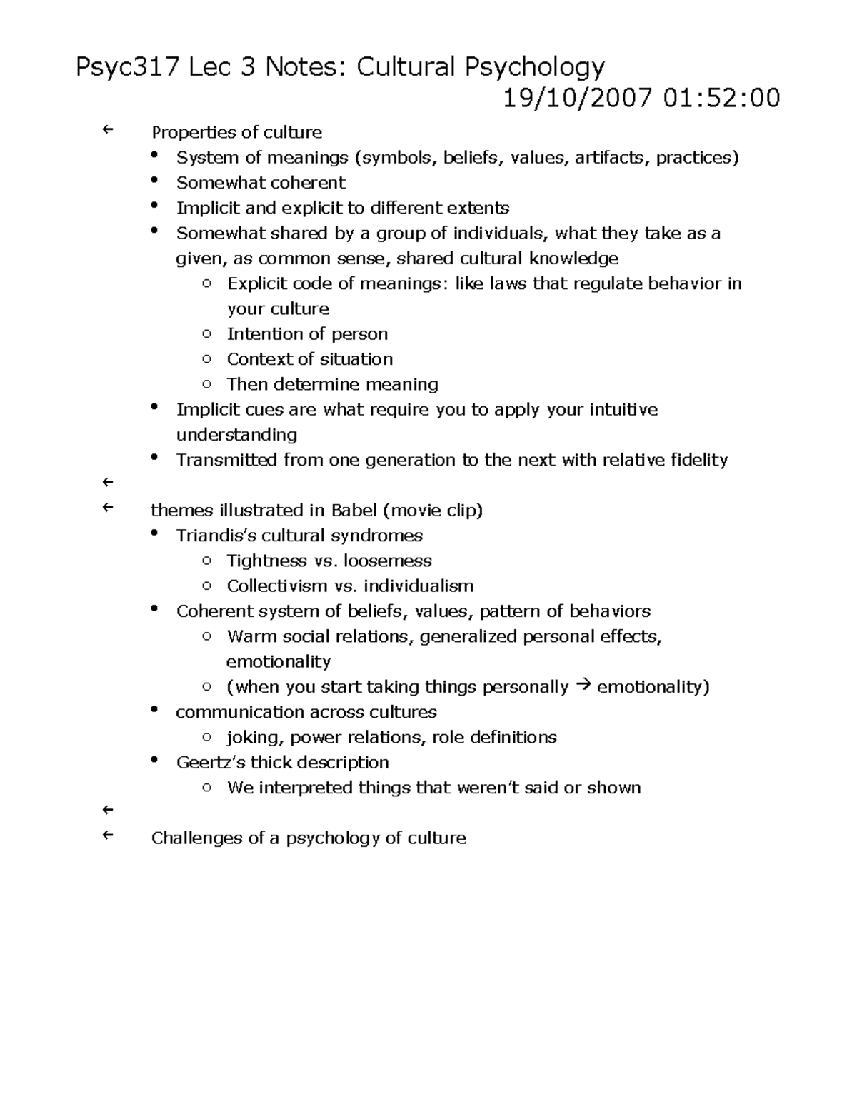 Psyc317 Lec 3 Notes - Psyc317 Lec 3 Notes: Cultural Psychology 19/10 ...