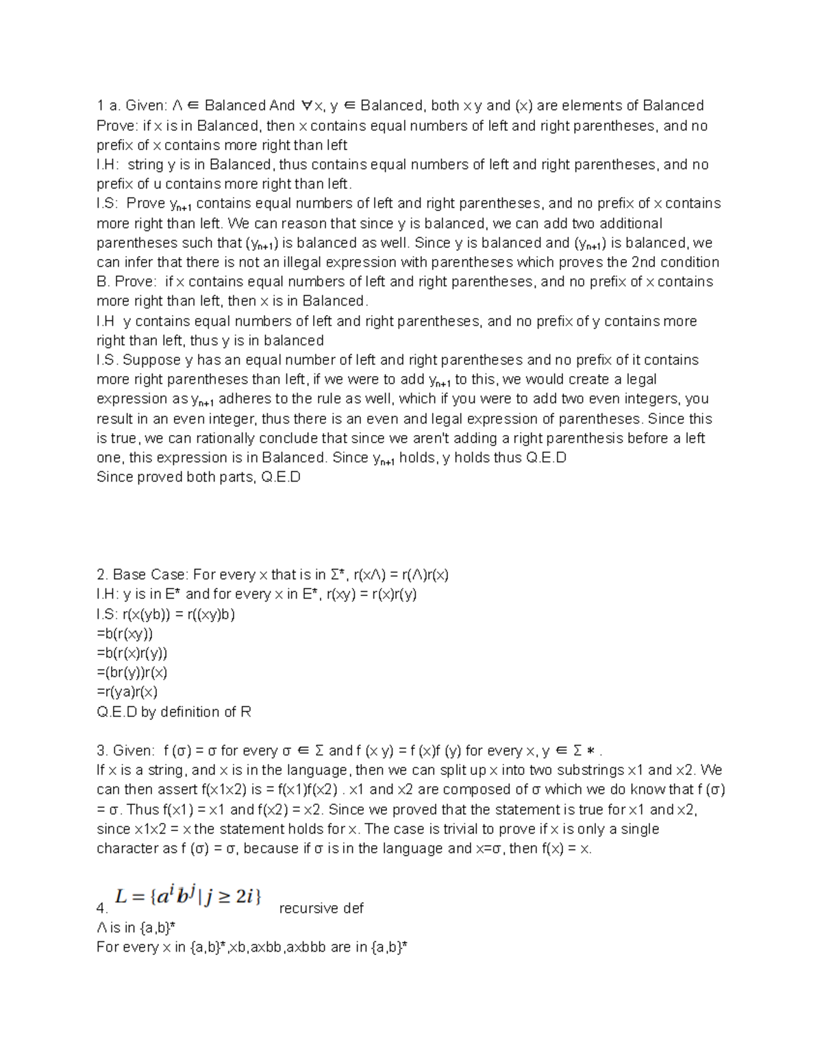 HW 1.2 automata theory - 1 a. Given: Λ ∈ Balanced And ∀x, y ∈ Balanced, both x y and (x) are ...