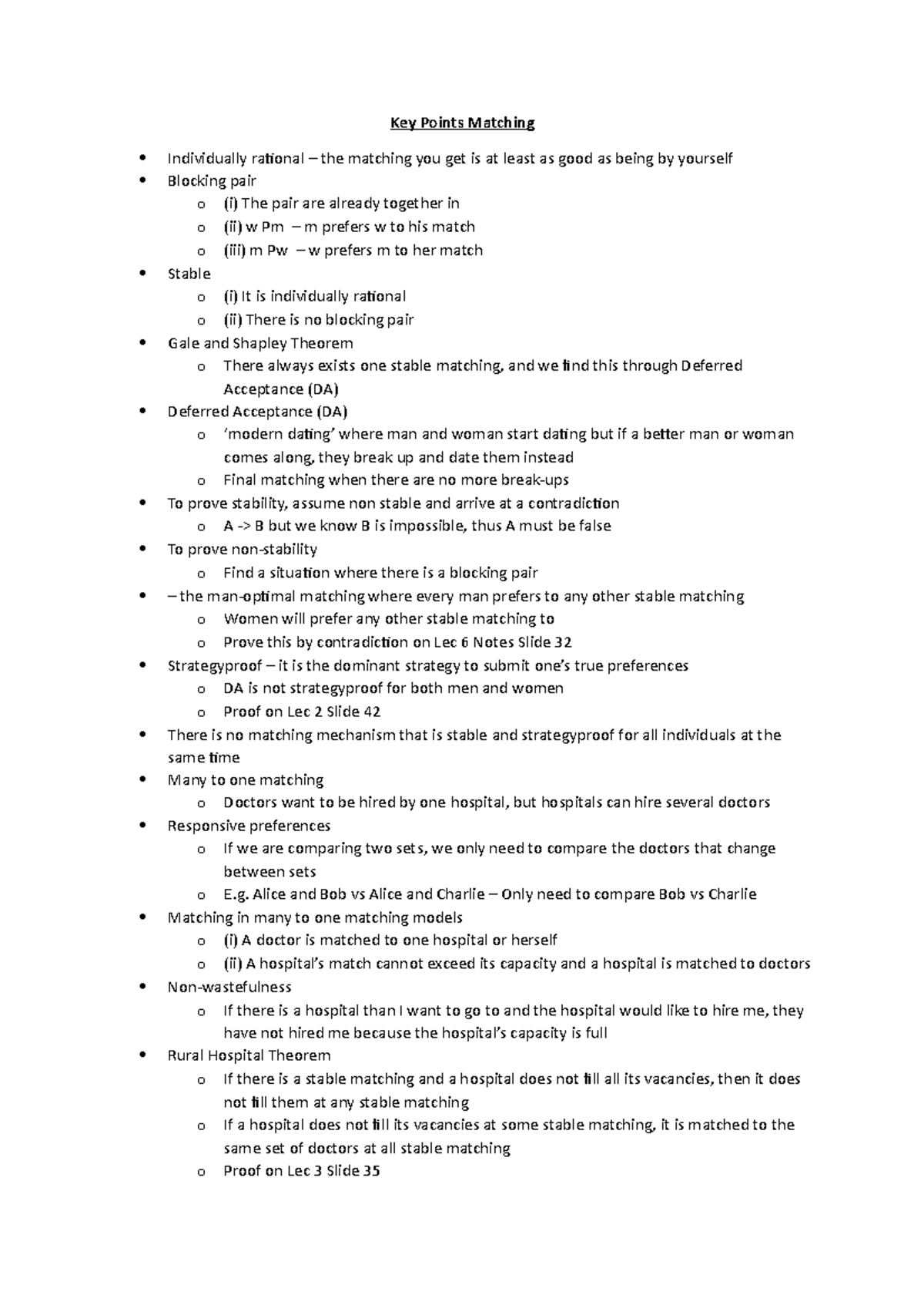 Key Points Matching Notes - Key Points Matching Individually rational ...