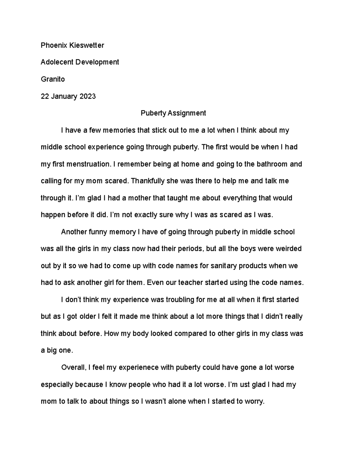 Puberty Assignment - Adolescent Devlopment - Phoenix Kieswetter ...