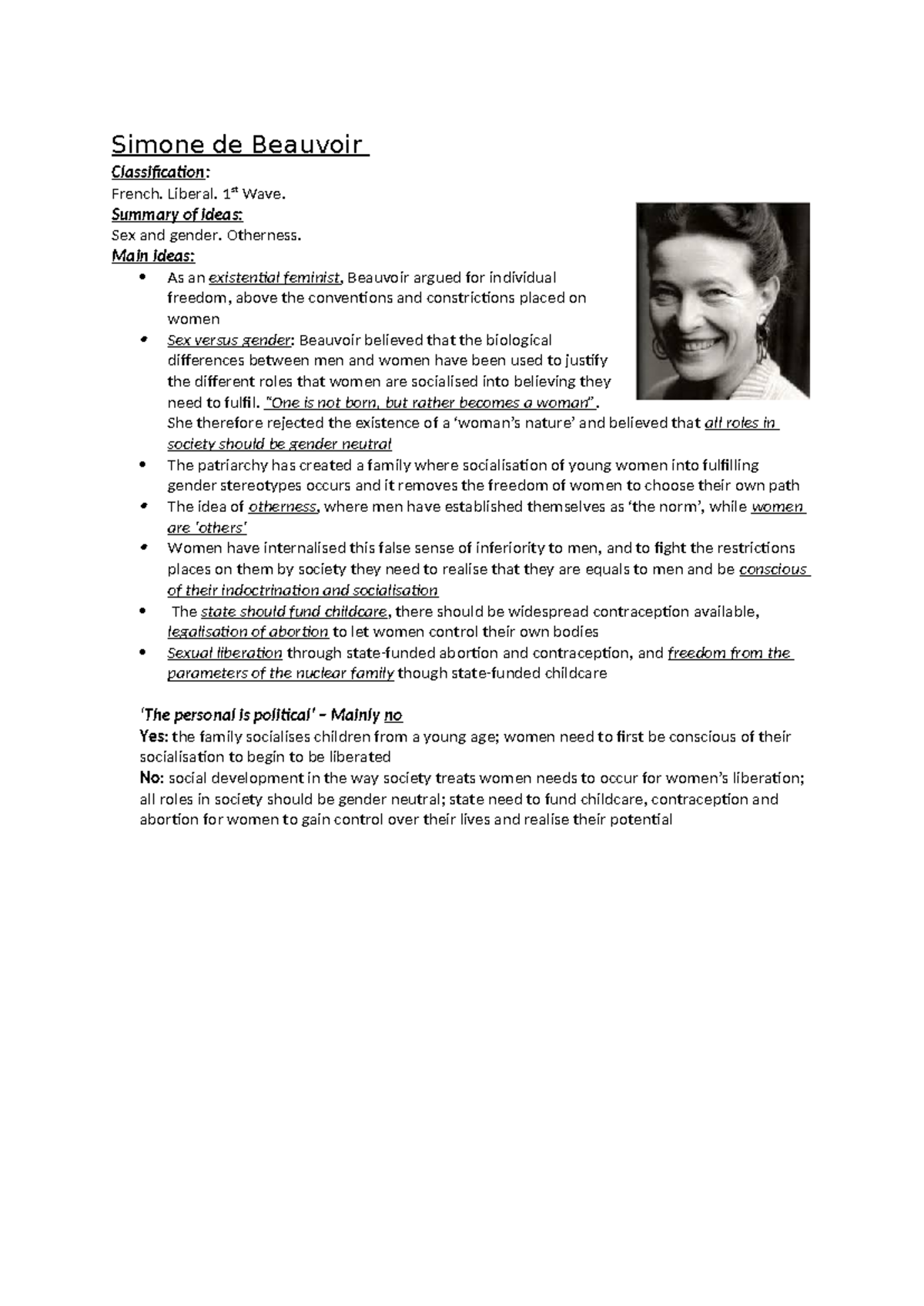 Feminist thinkers - Simone de Beauvoir Classification: French. Liberal ...
