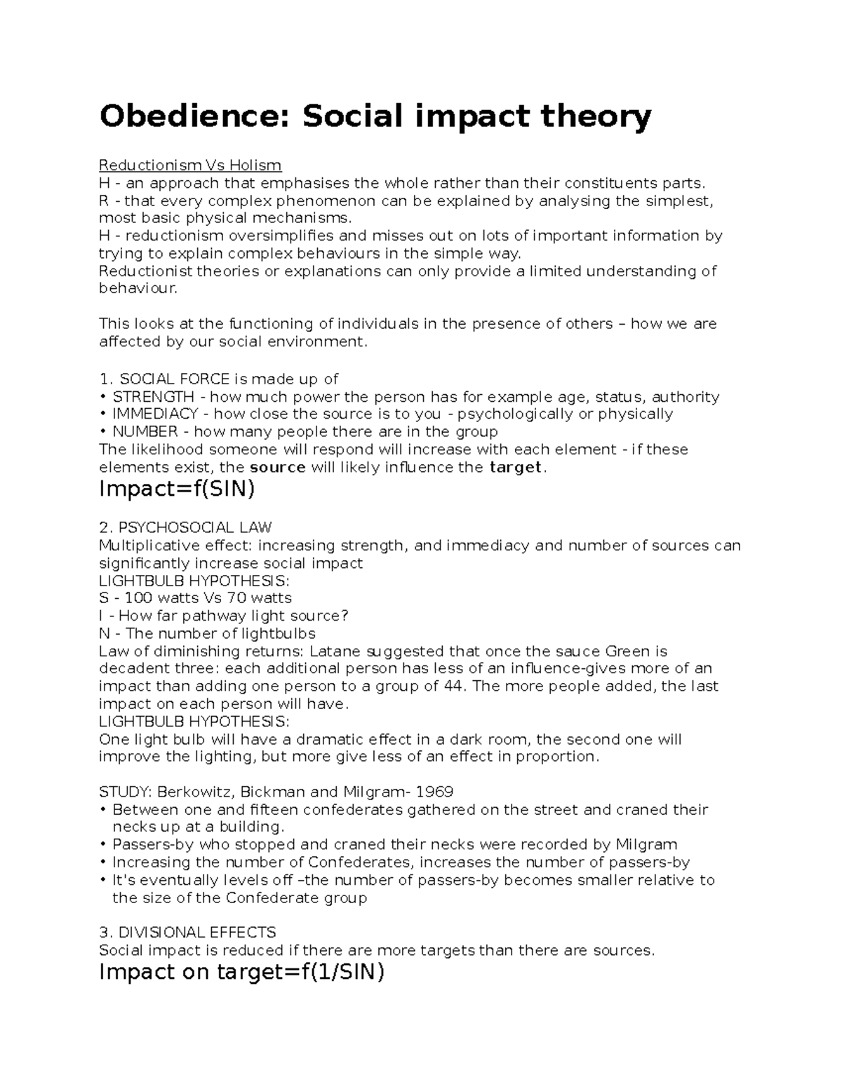 Social impact theory - Obedience: Social impact theory Reductionism Vs ...