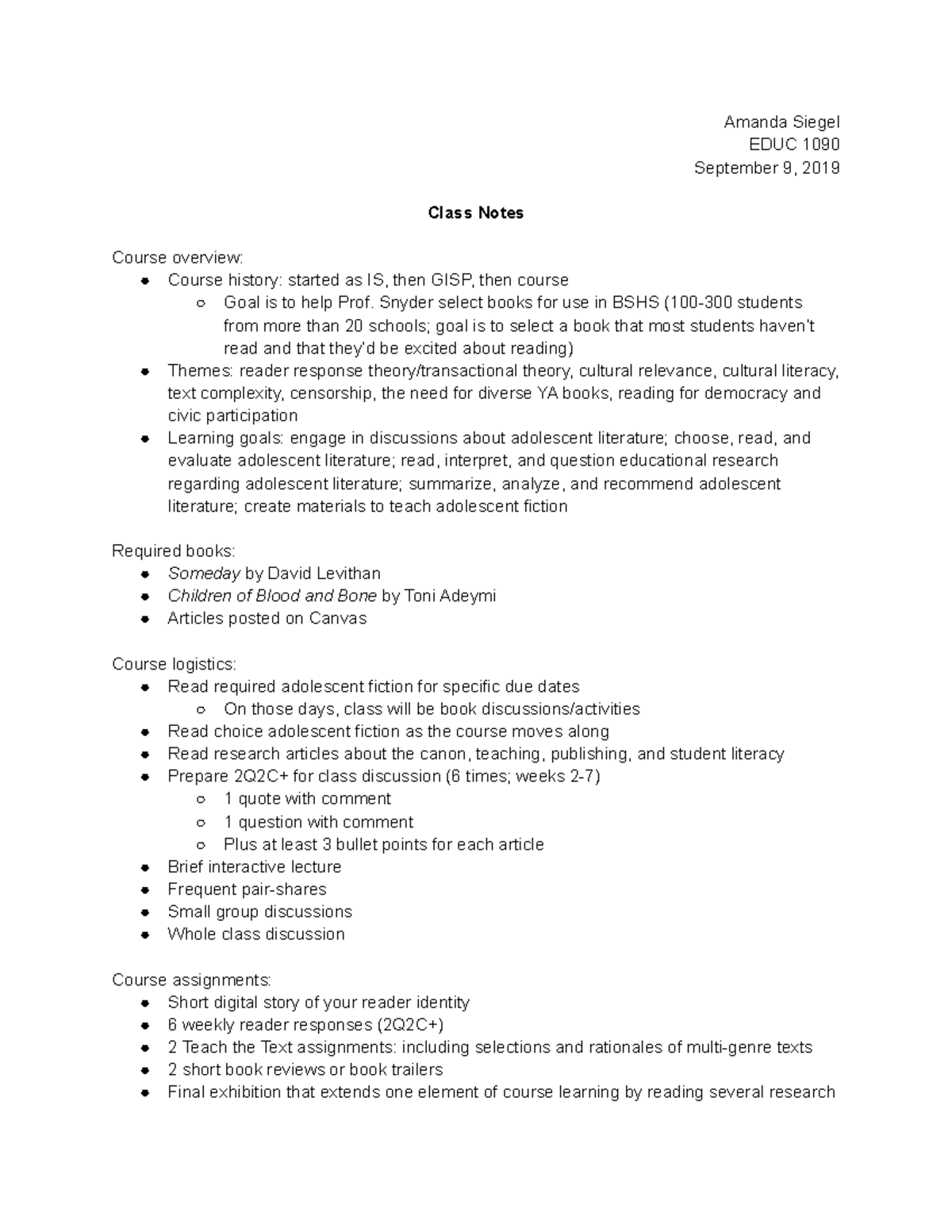 9/9 Class Notes - Professor Laura Snyder - Amanda Siegel EDUC 1090 ...