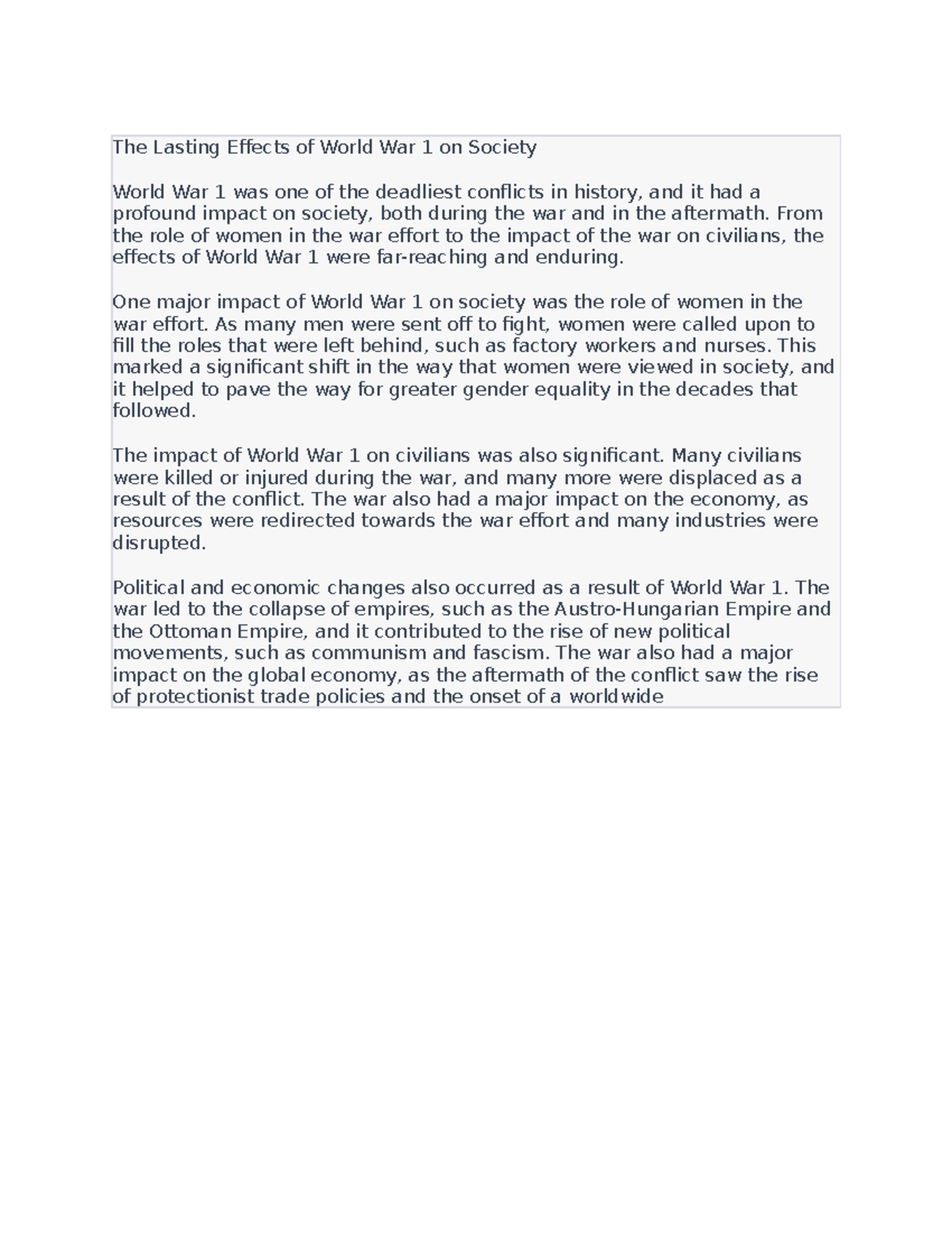 The Lasting Effects of World War 1 on Society - From the role of women ...