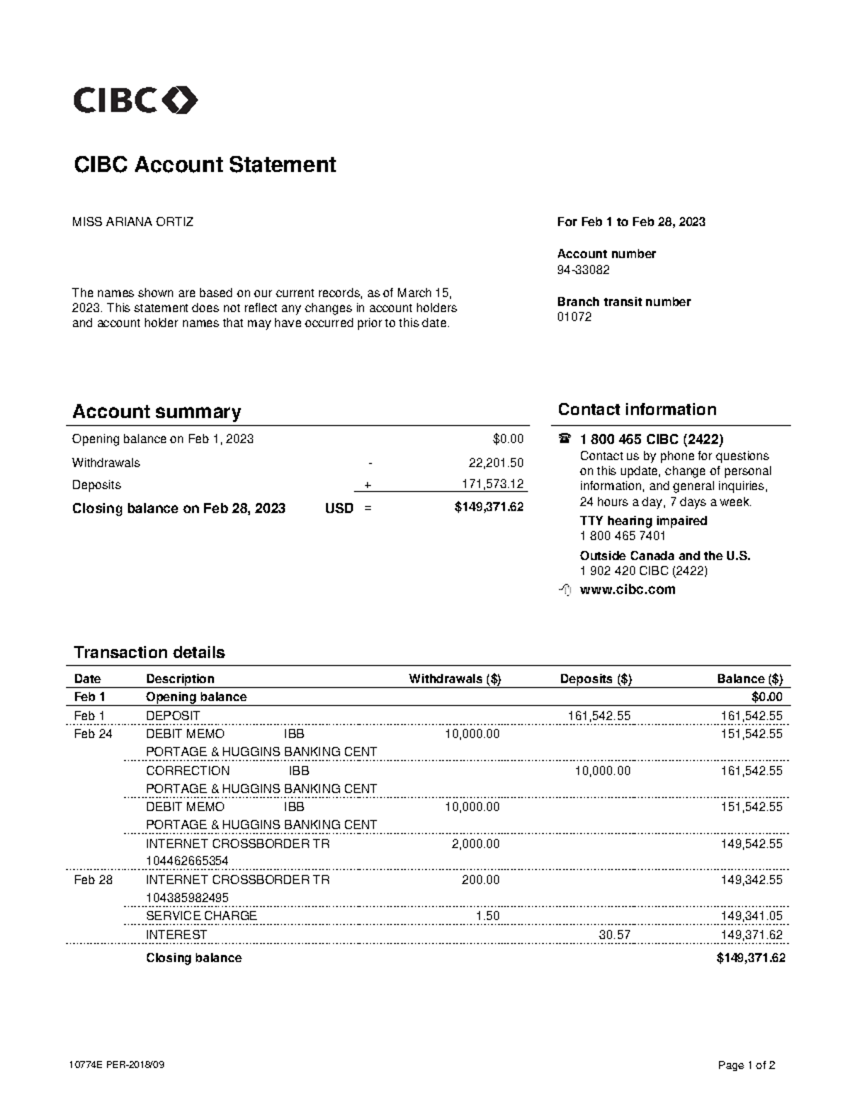 Online Statement - sorry i just need access - CIBC Account Statement ...