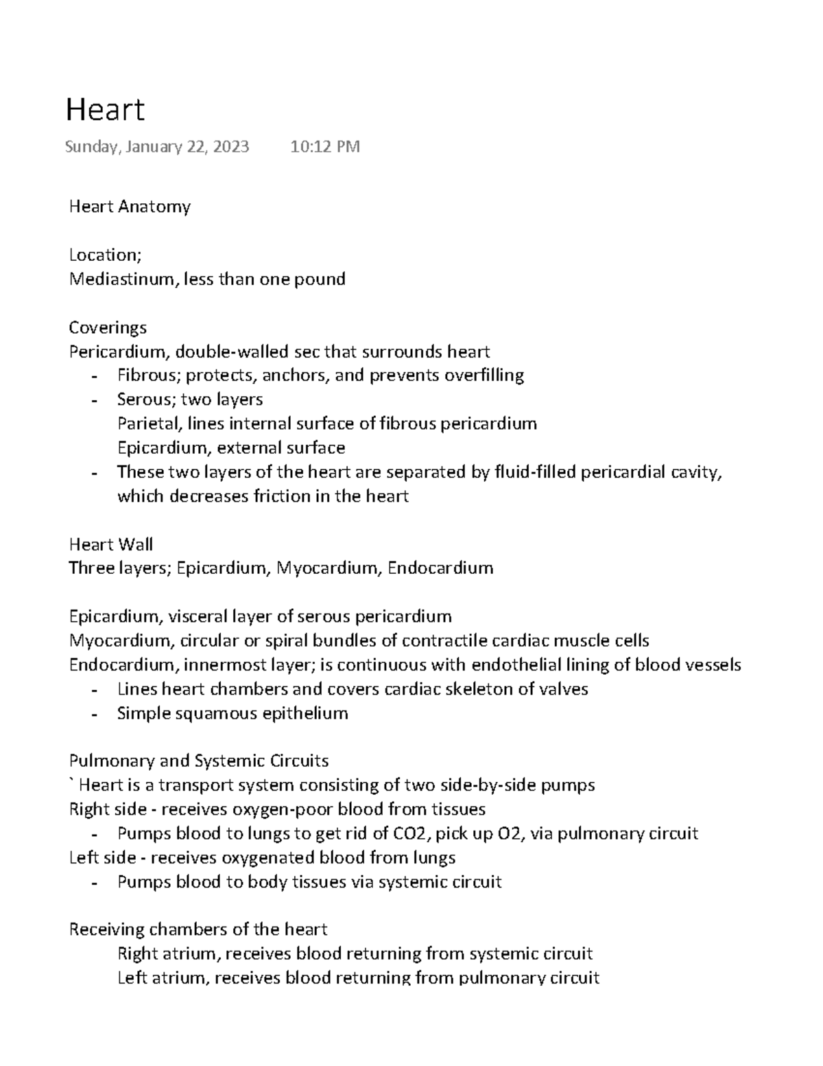 Heart - Lecture notes taken from a powerpoint made by Dr. Bohenek ...