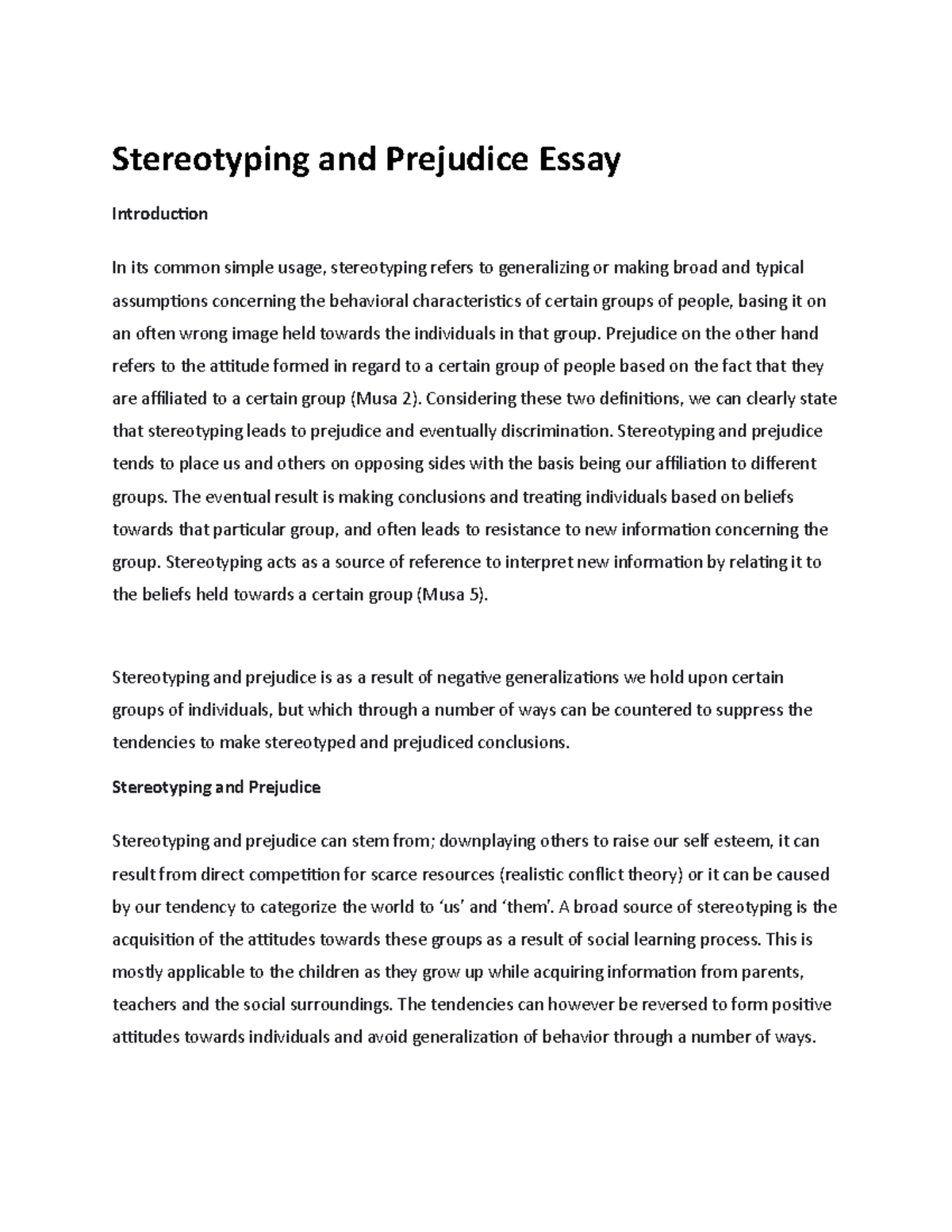Assignment 5 - Stereotyping and Prejudice Essay Introduction In its ...