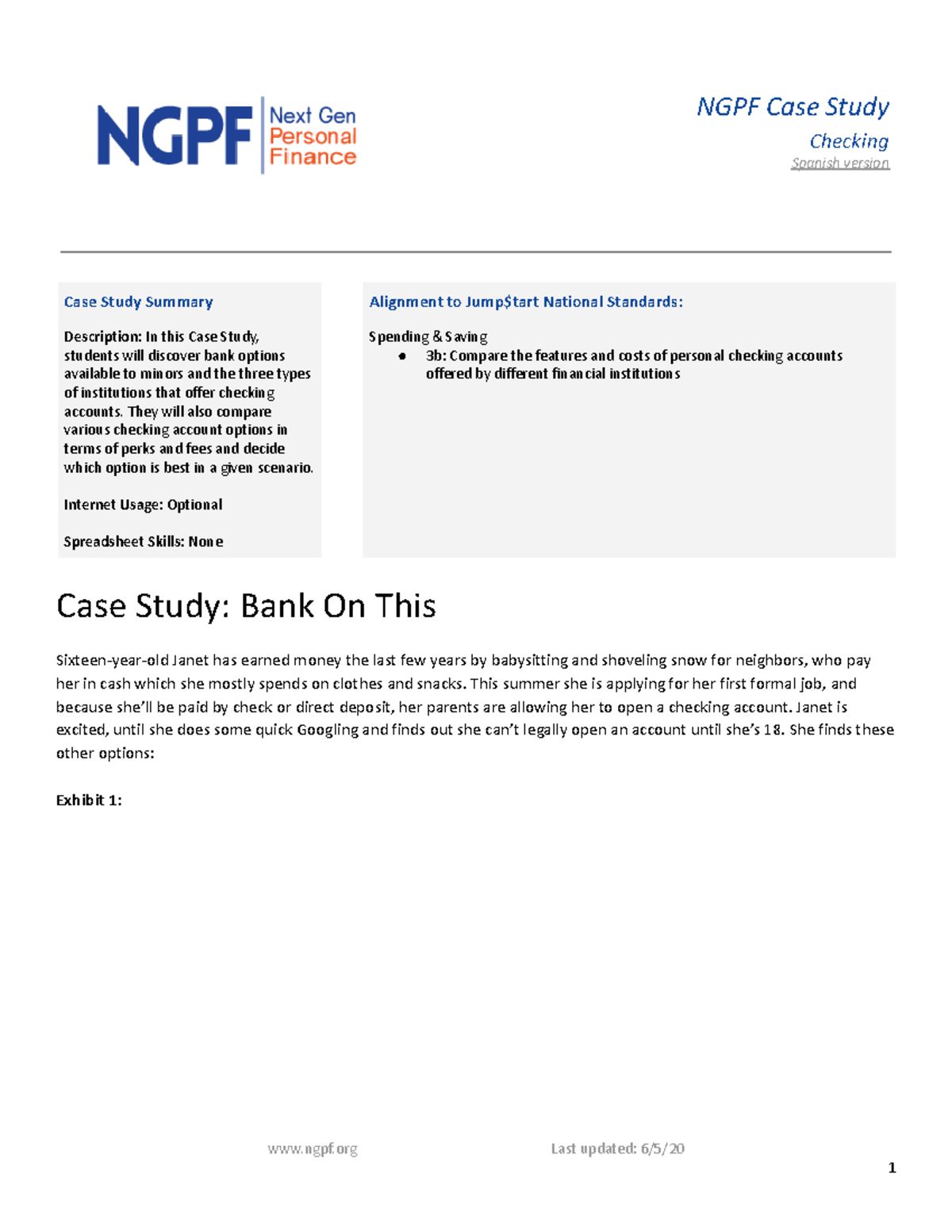 Checking CS Bank On This NGPF Case Study Checking Spanish Version 