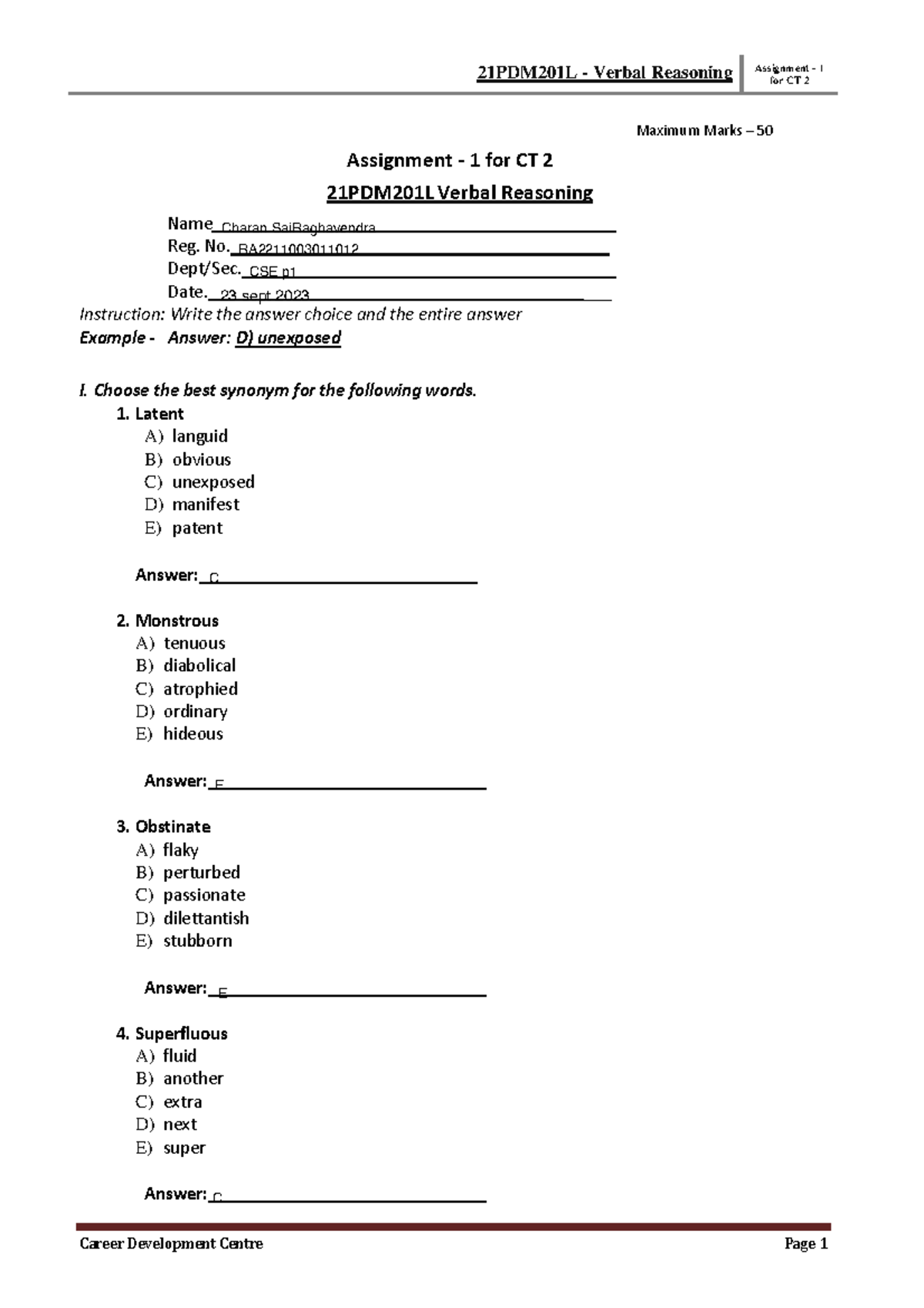 Assignment 1 for CT 2 final - Maximum Marks – 50 Assignment - 1 for CT 2 21PDM201L Verbal ...