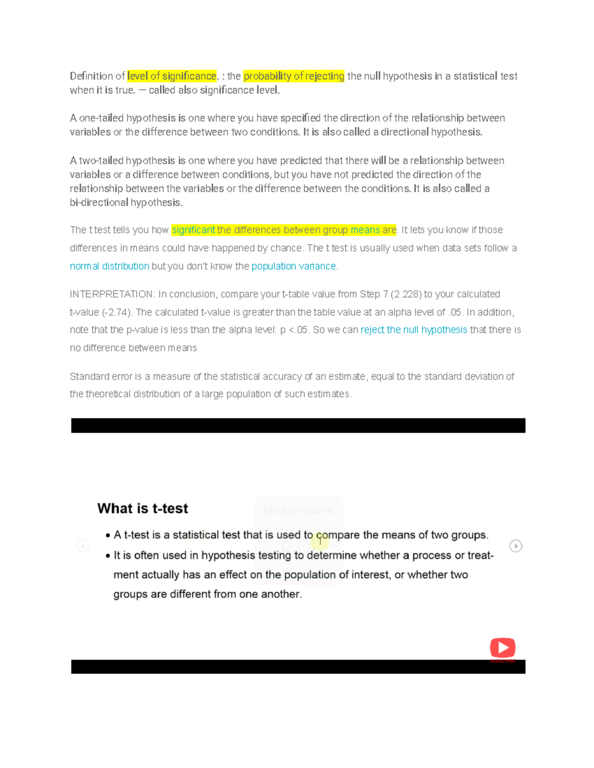 T-TEST - Reviewer - Definition of level of significance. : the ...
