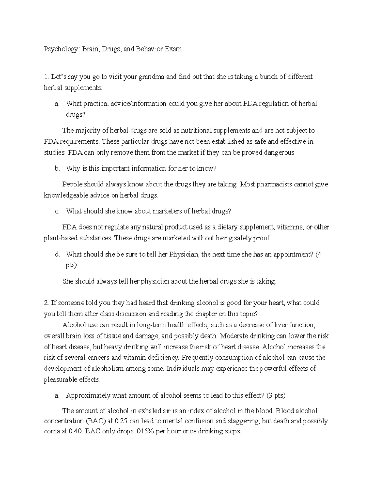 Psychology Brain, Drugs, and Behavior Exam - Psychology: Brain, Drugs ...