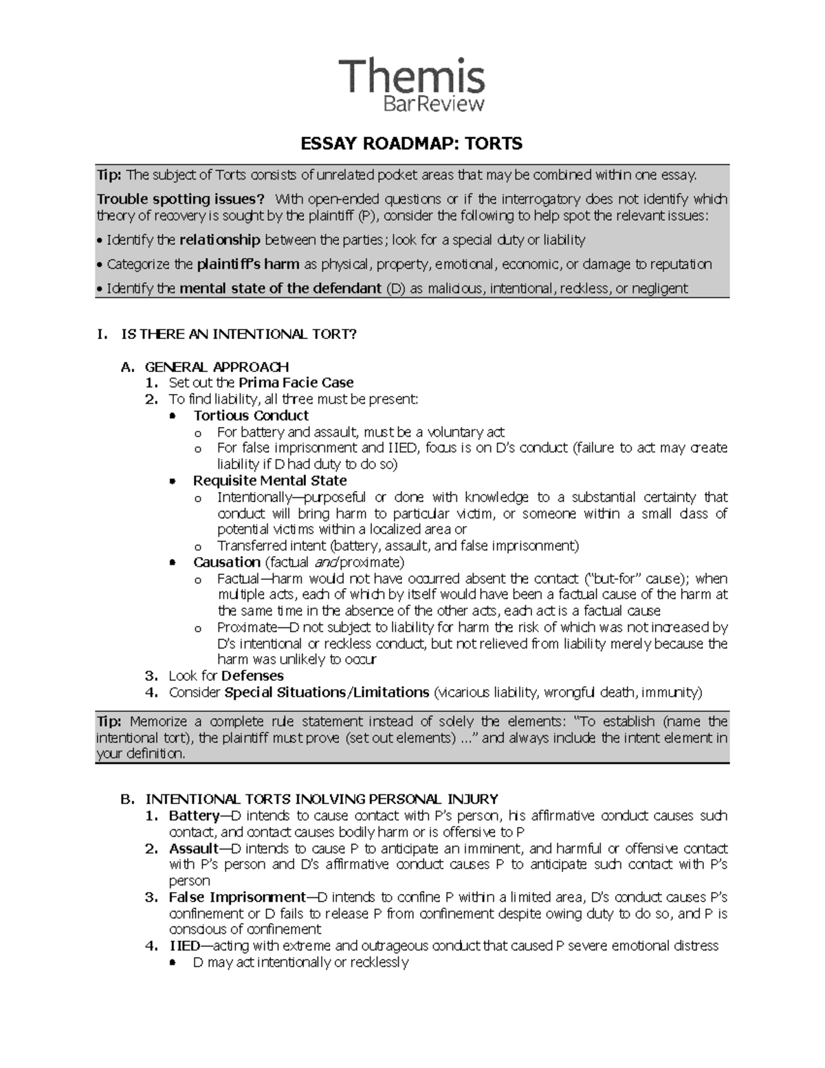 Essay Roadmap Torts W24 - ESSAY ROADMAP: TORTS Tip: The subject of ...