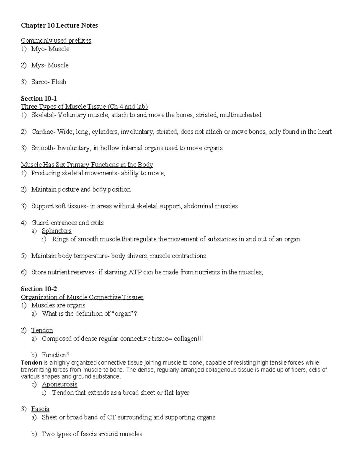 Muscular - Chapter 10 Lecture Notes Commonly used prefixes 1) Myo ...