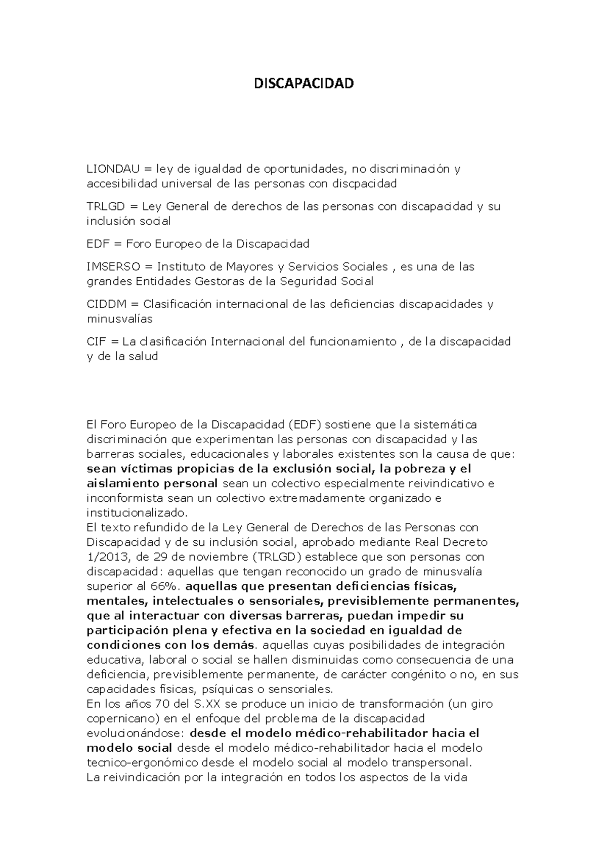 Discapacidad - Resumen para estudiar la asignatura de discpacidad por la uned - DISCAPACIDAD ...