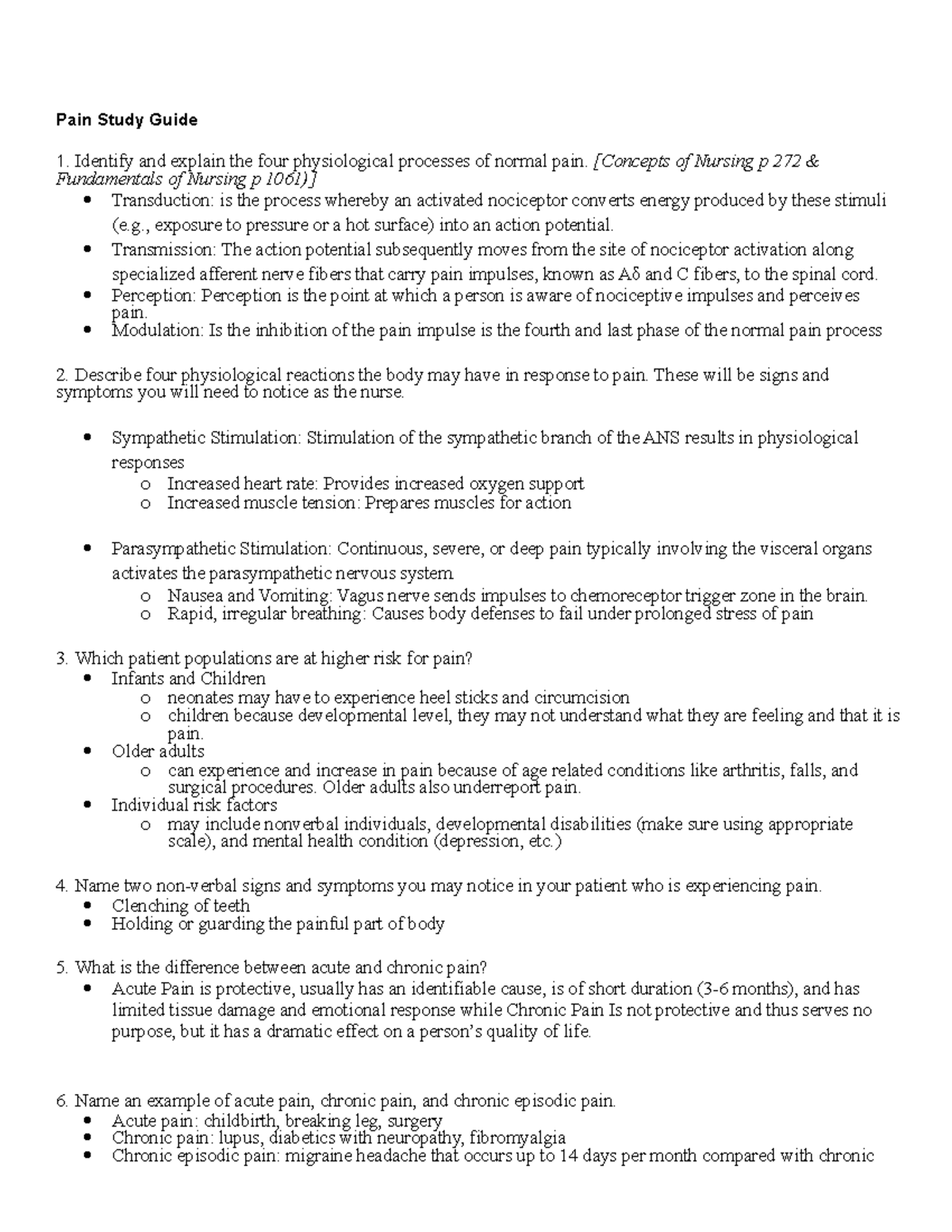 Pain Study Guide - Pain Study Guide Identify and explain the four ...