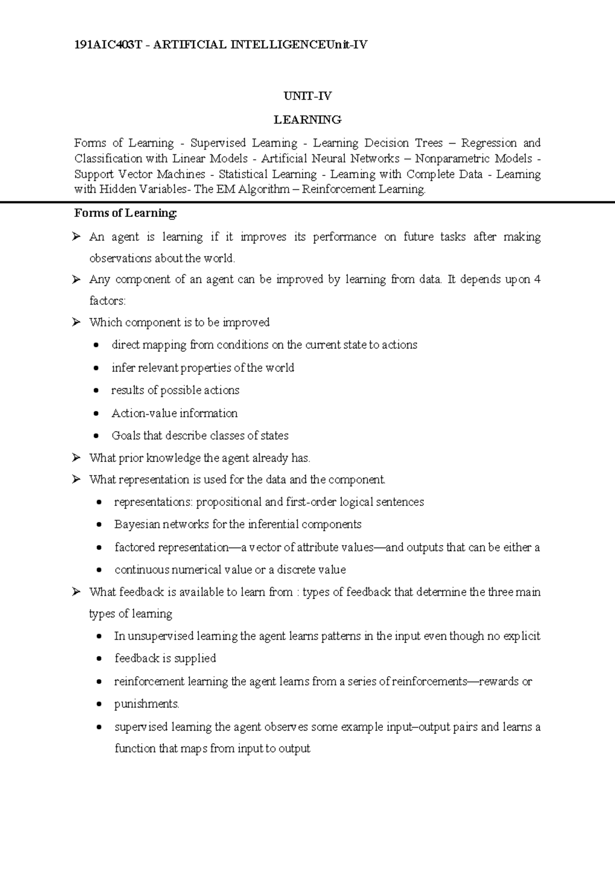 AI CHAP 4 - UNIT-IV LEARNING Forms of Learning - Supervised Learning - Learning Decision Trees ...