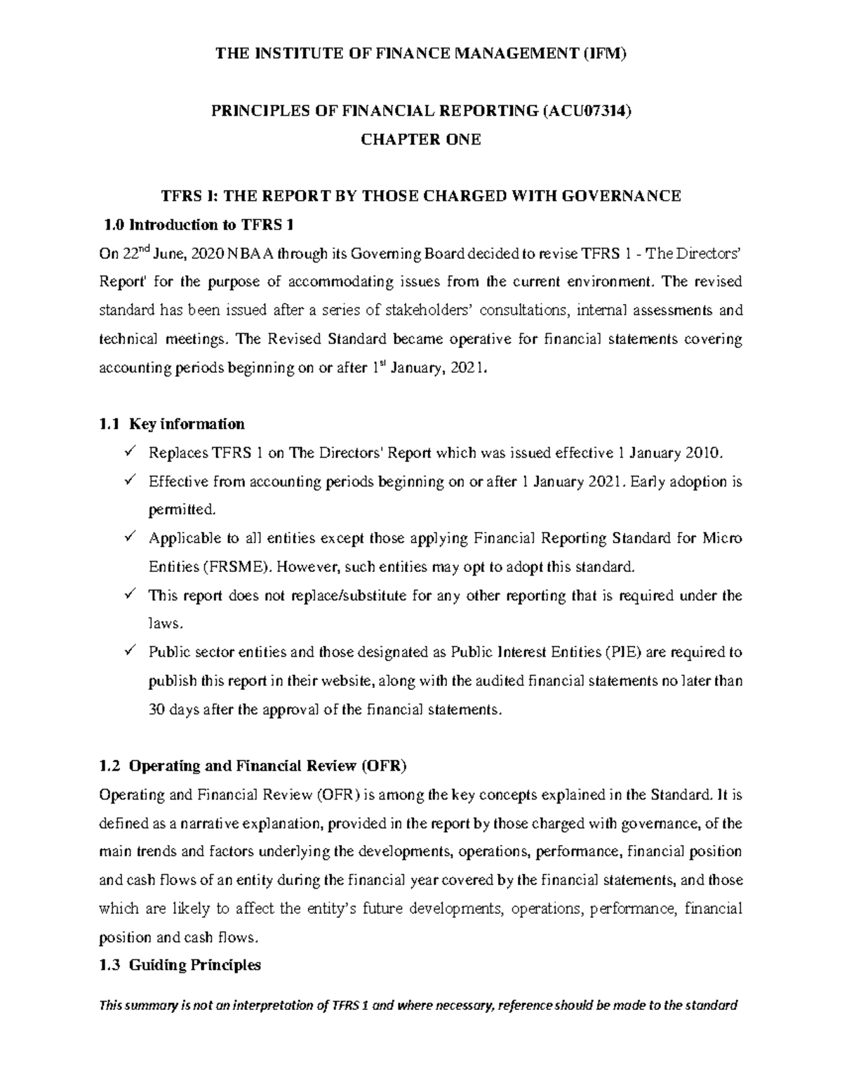1.0 Notes Chapter one. TFRS 1 - THE INSTITUTE OF FINANCE MANAGEMENT ...