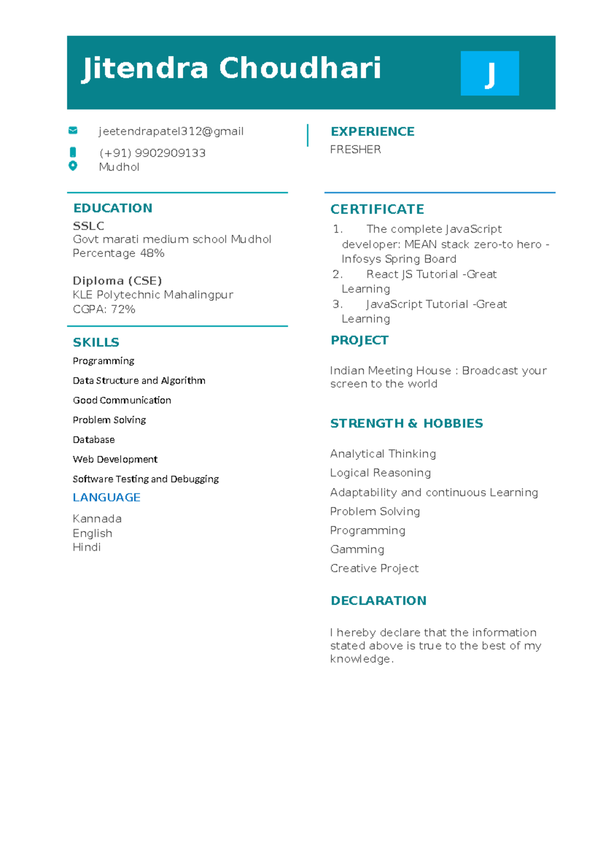 Resume - Jitendra Choudhari J jeetendrapatel312@gmail EXPERIENCE (+91 ...