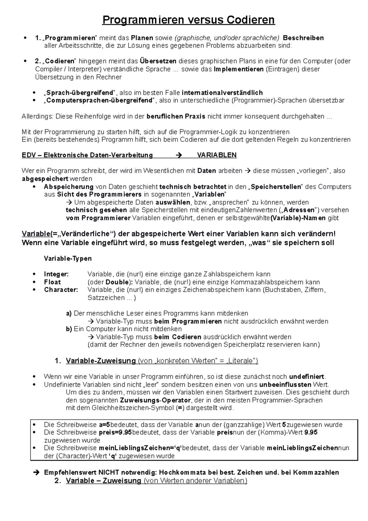 Prozedurales Programmieren 1 - Programmieren versus Codieren 1 ...