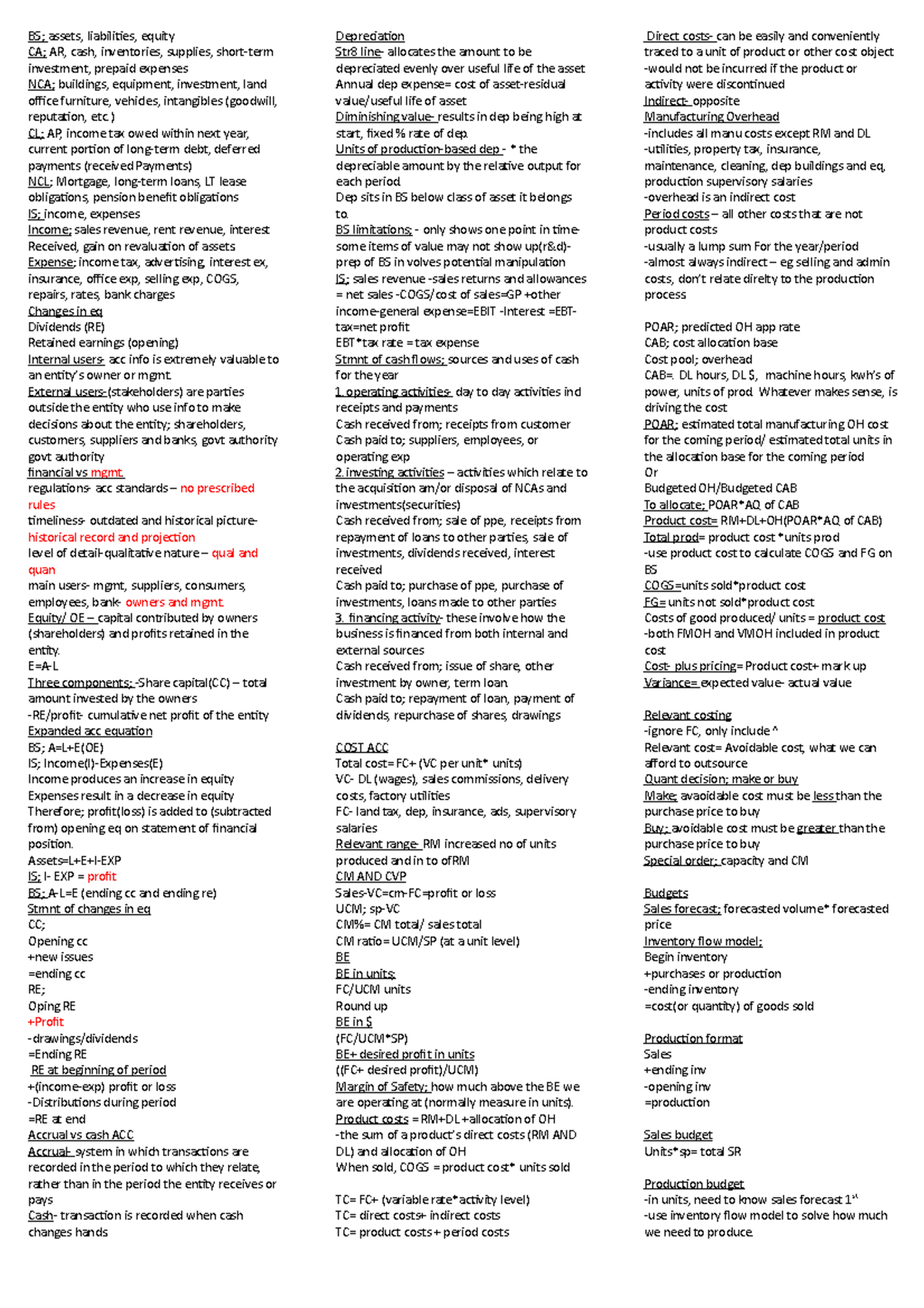 Cheat sheet 115 - BS; assets, liabilities, equity CA; AR, cash ...