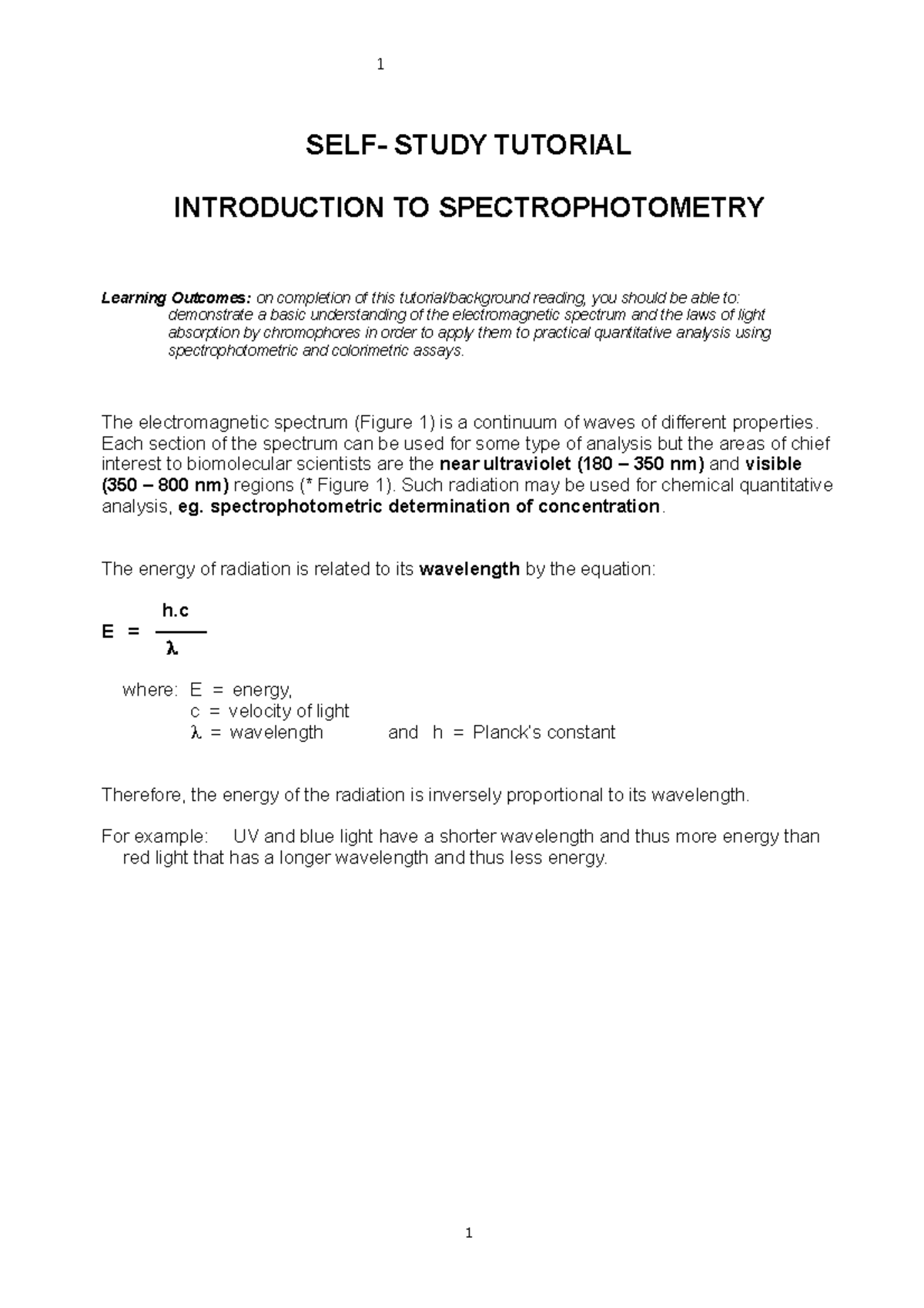 Spectrophotometry self study tutorial - SELF- STUDY TUTORIAL INTRODUCTION TO SPECTROPHOTOMETRY ...