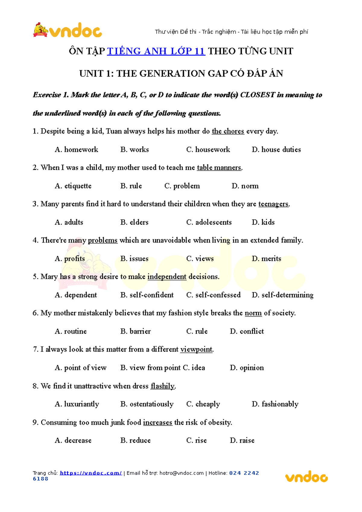 Bai tap tieng anh lop 11 chuong trinh moi unit 1 - ÔN TẬP TIẾNG ANH LỚP 11 THEO TỪNG UNIT UNIT 1 ...