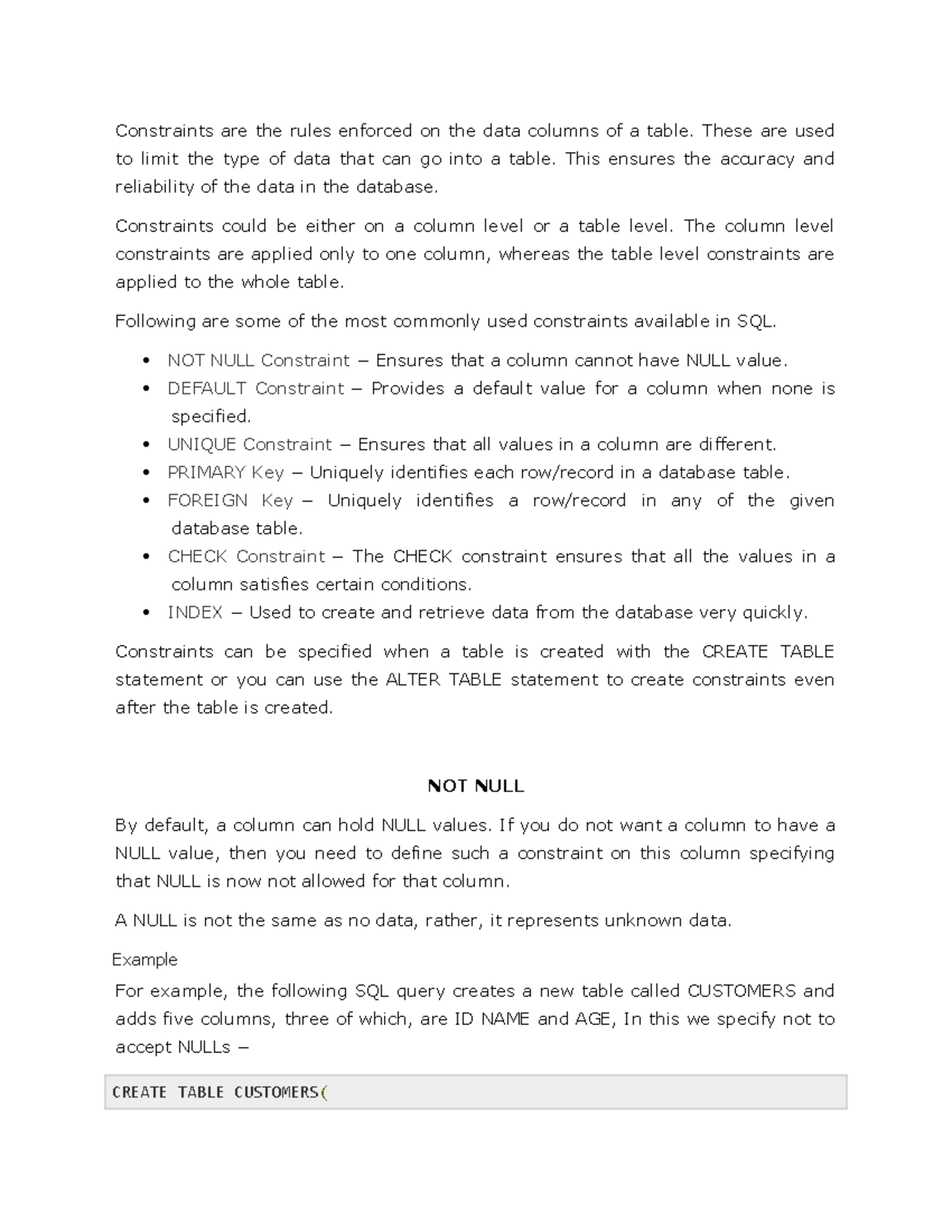 9 Constraints - Data - Constraints are the rules enforced on the data ...