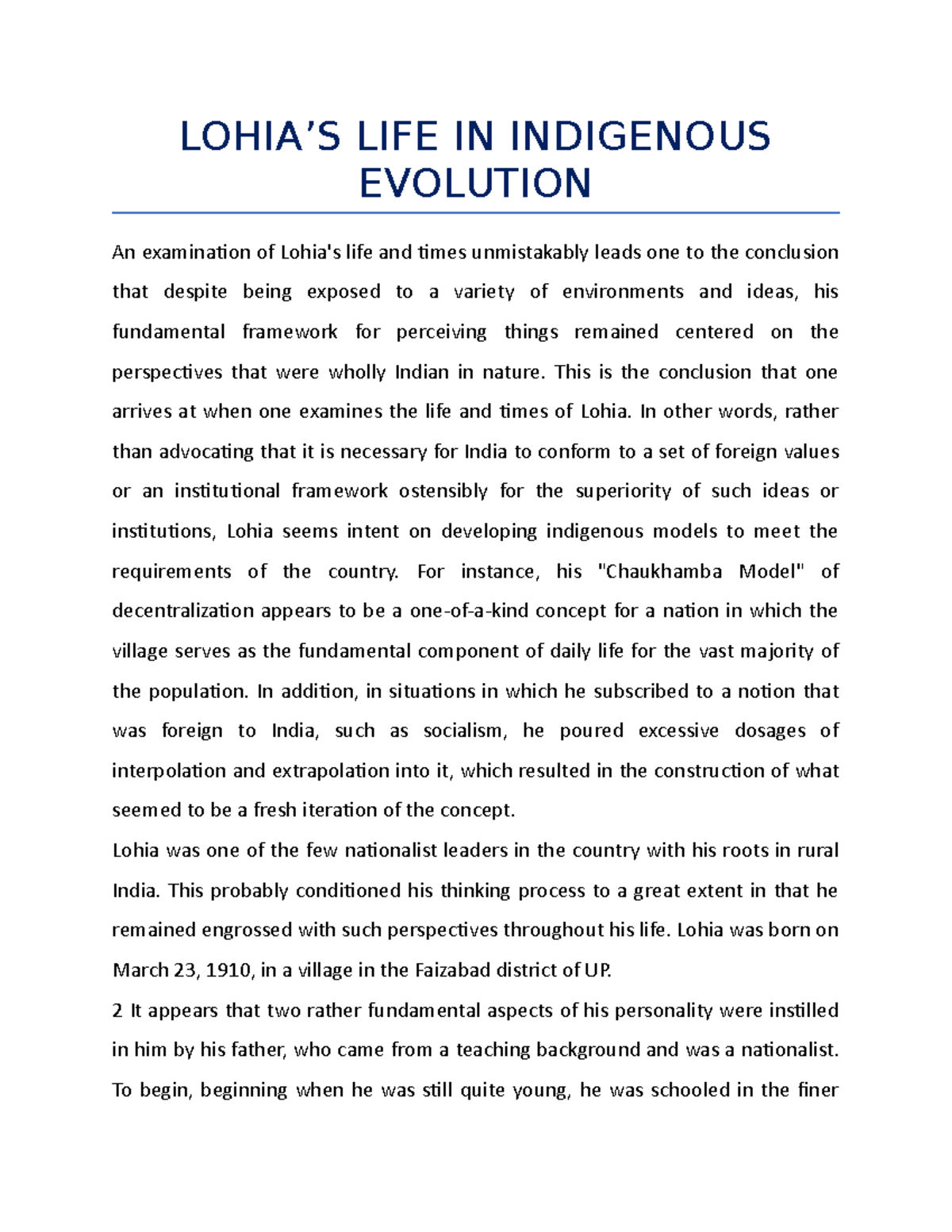 Lohia’S LIFE IN Indigenous Evolution - LOHIA’S LIFE IN INDIGENOUS ...