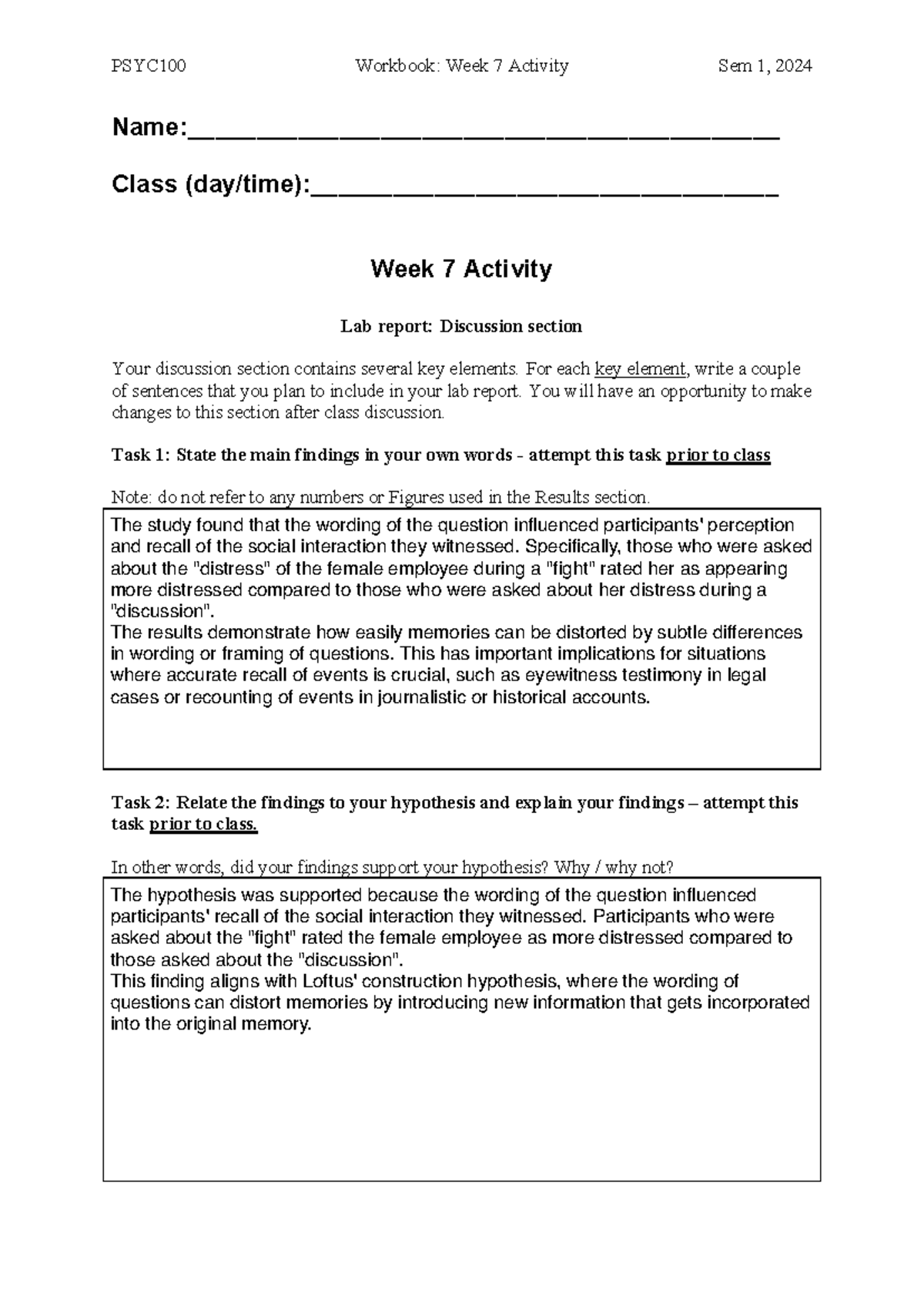 W7A - Discussion - PSYC100 Workbook: Week 7 Activity Sem 1, 2024 - Studocu