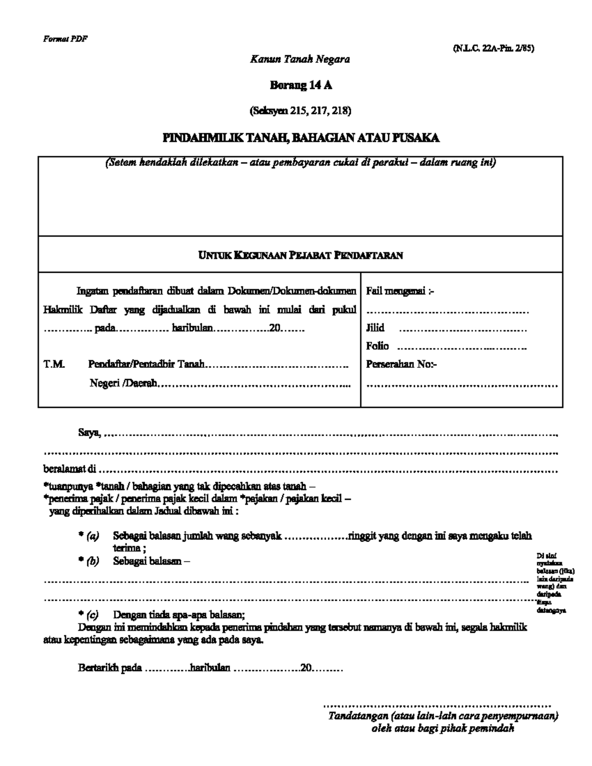 Borang pindah milikan tanah - Format PDF (N.L. Kanun Tanah Negara ...