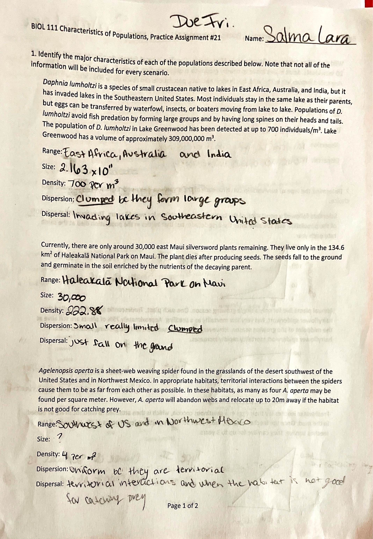 BIOL111 Practice Assignment #21 - Daphnia lumholtzi is has invad but ...