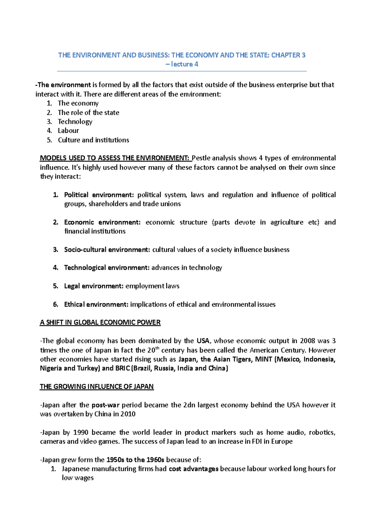 Chapter 3 - THE ENVIRONMENT AND BUSINESS: THE ECONOMY AND THE STATE ...
