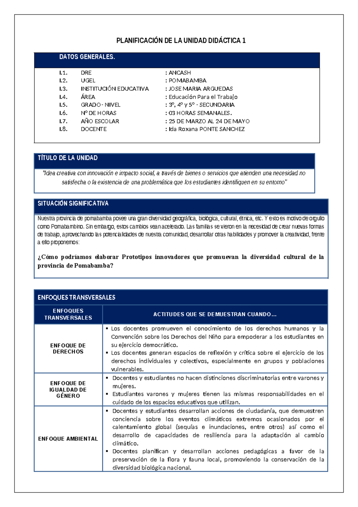 Unidad DE Aprendizaje N° 1 EPT - PLANIFICACIÓN DE LA UNIDAD DIDÁCTICA 1 DATOS GENERALES. I. DRE ...