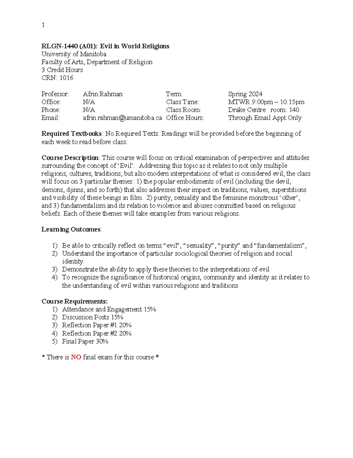 RLGN 1440 - 2024 Syllabus - RLGN-1440 (A01): Evil in World Religions ...