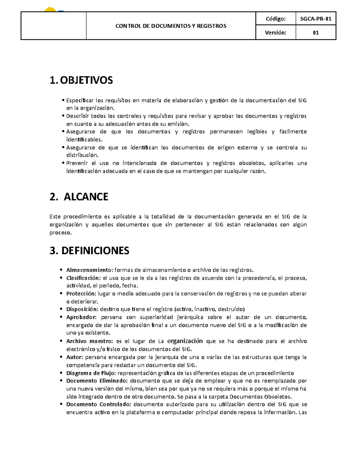 SGCA-PR-01 Procedimiento Control de Documentos y Registros - CONTROL DE ...