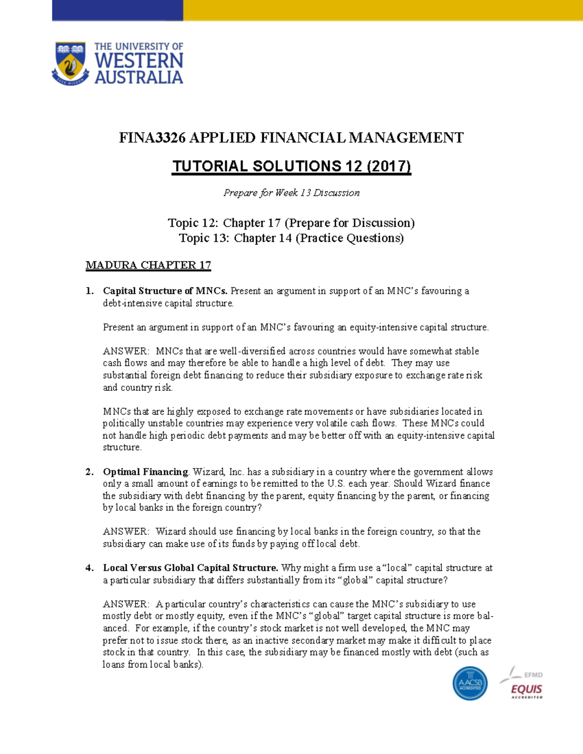 Tutorial Solutions 12 2017 - FINA3326 APPLIED FINANCIAL MANAGEMENT ...