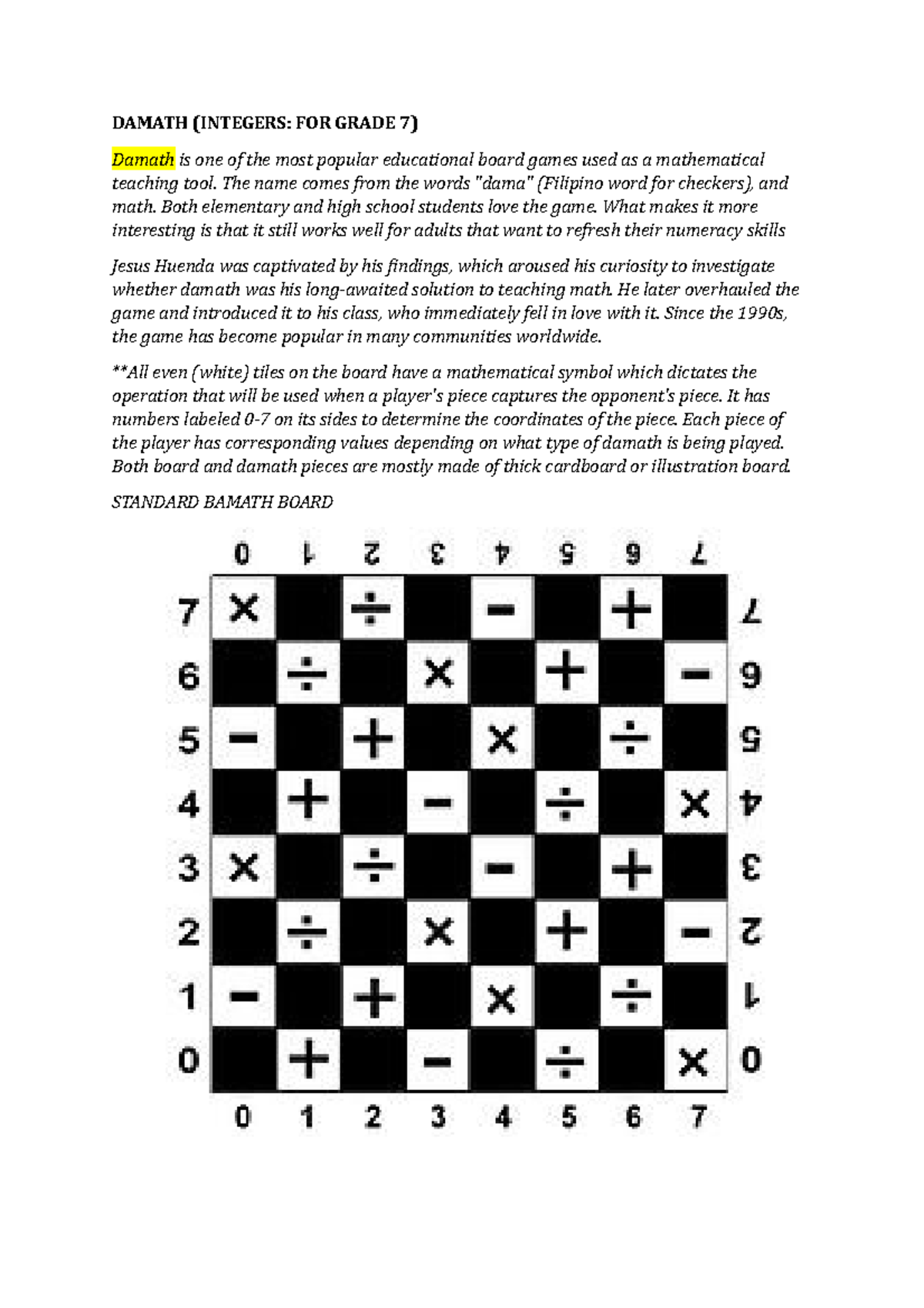 Damath - math - DAMATH (INTEGERS: FOR GRADE 7) Damath is one of the ...