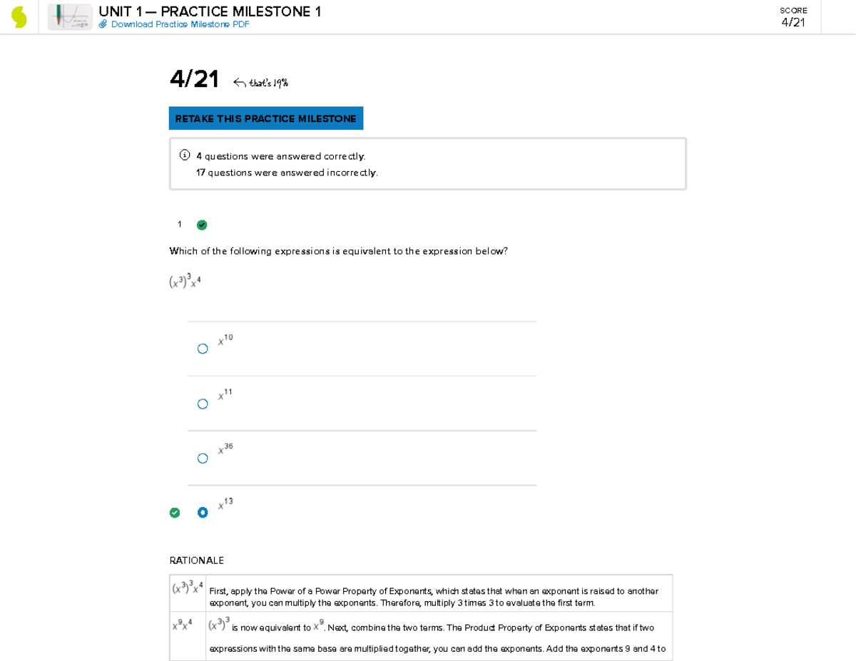 Sophia college algebra practice milestone 1 - 1 4 / 21 that's 19% ...