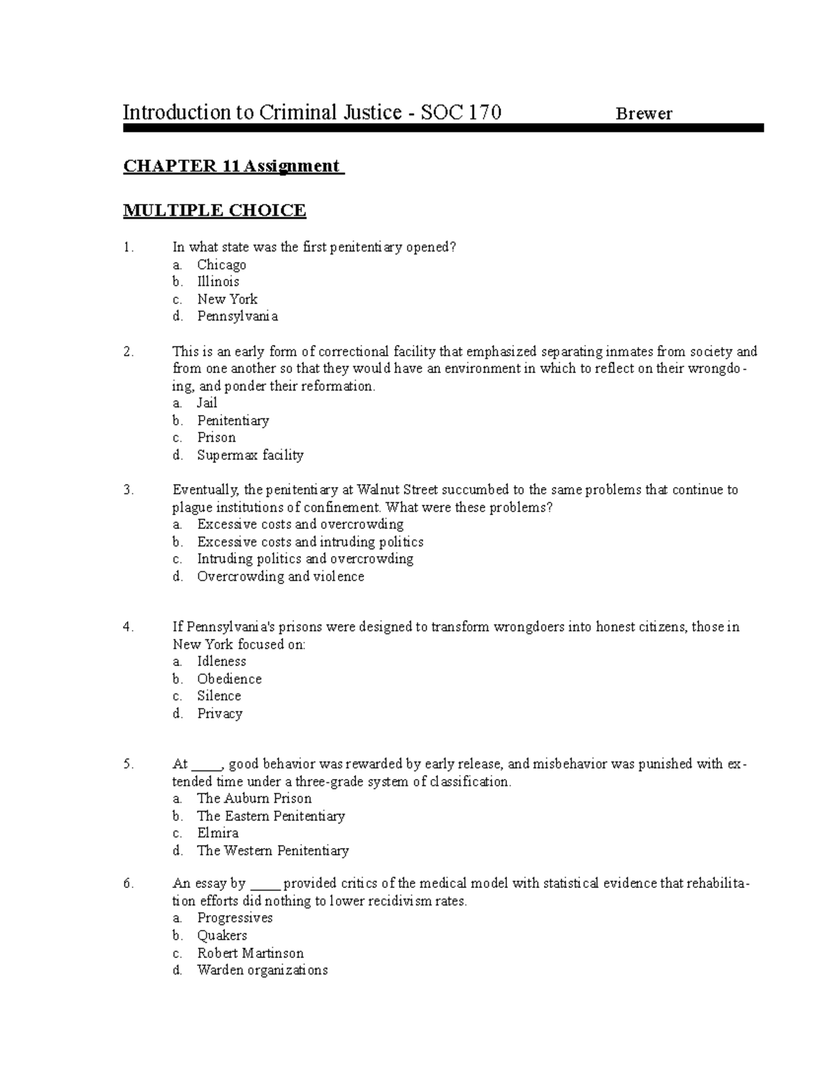 Chapter 11 Assignment - Introduction to Criminal Justice - SOC 170 ...