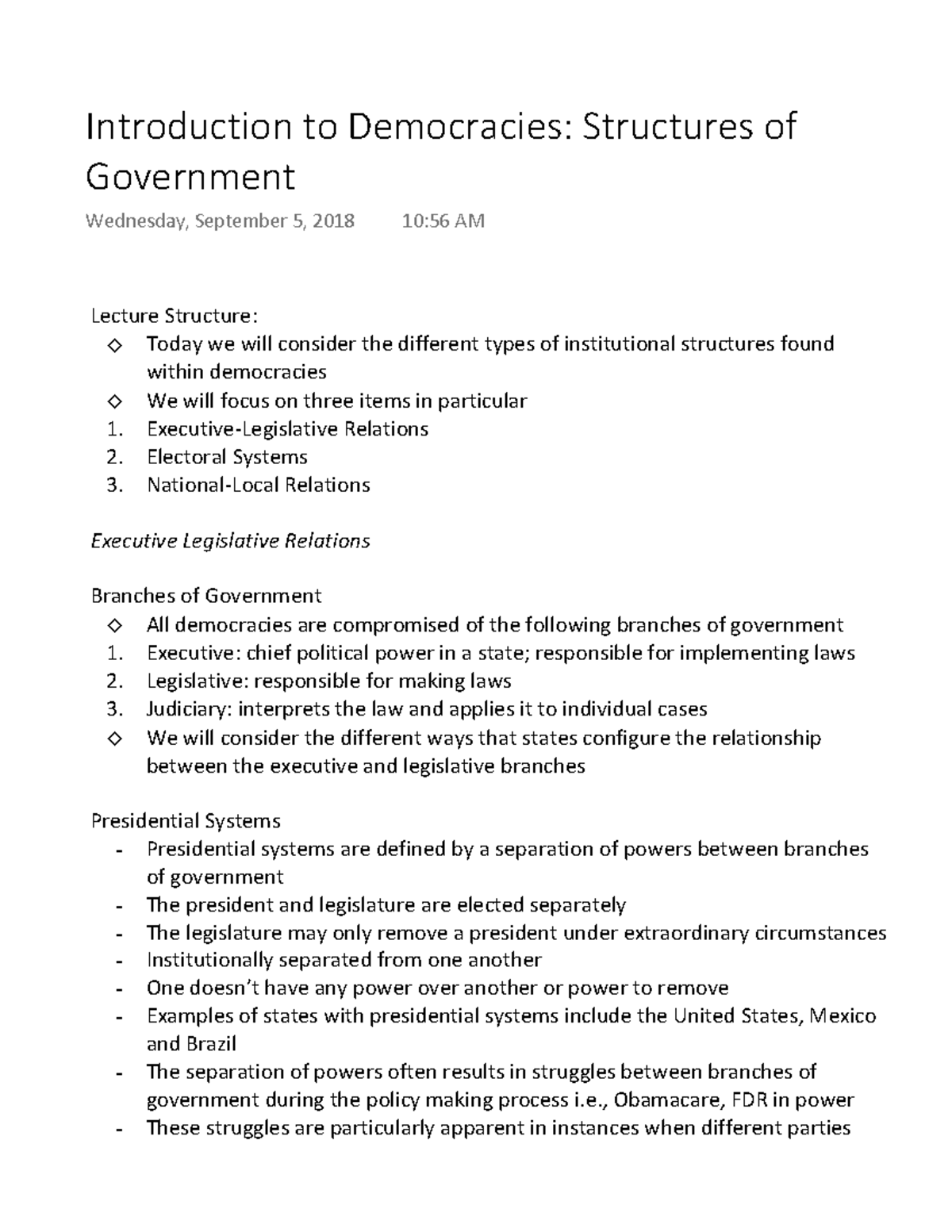 Introduction to Democracies Structures of Government - Relations 2 ...