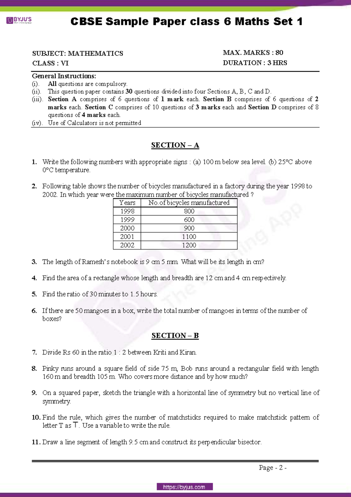 CBSE Sample Paper Class 6 Maths Set 1 - SUBJECT: MATHEMATICS CLASS : VI ...