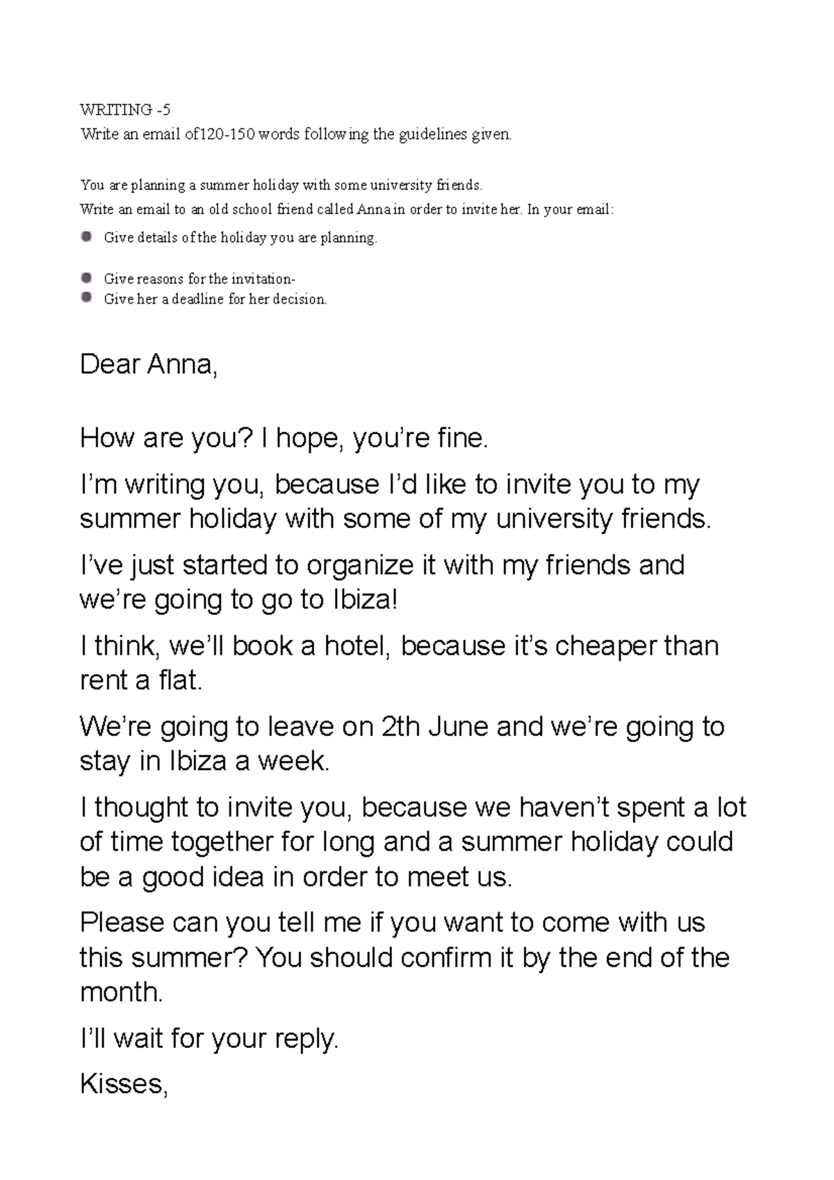 Writing inglese scritto 1 - WRITING - Write an email of120-150 words ...
