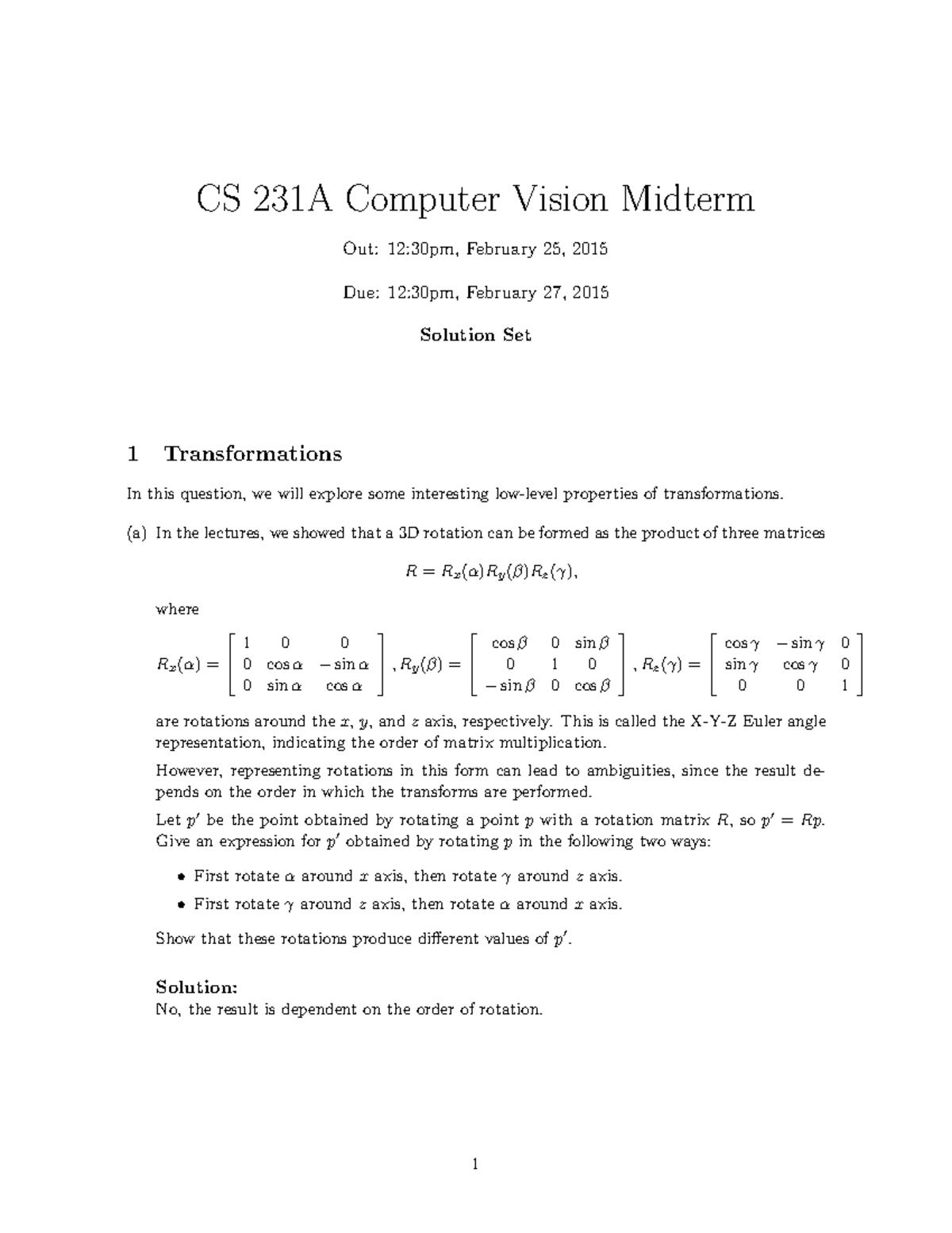 Cs231a 2015 midterm solutions - CS 231A Computer Vision Midterm Out: 12 ... Cs231a 2015 midterm solutions - CS 231A Computer Vision Midterm Out: 12 ...