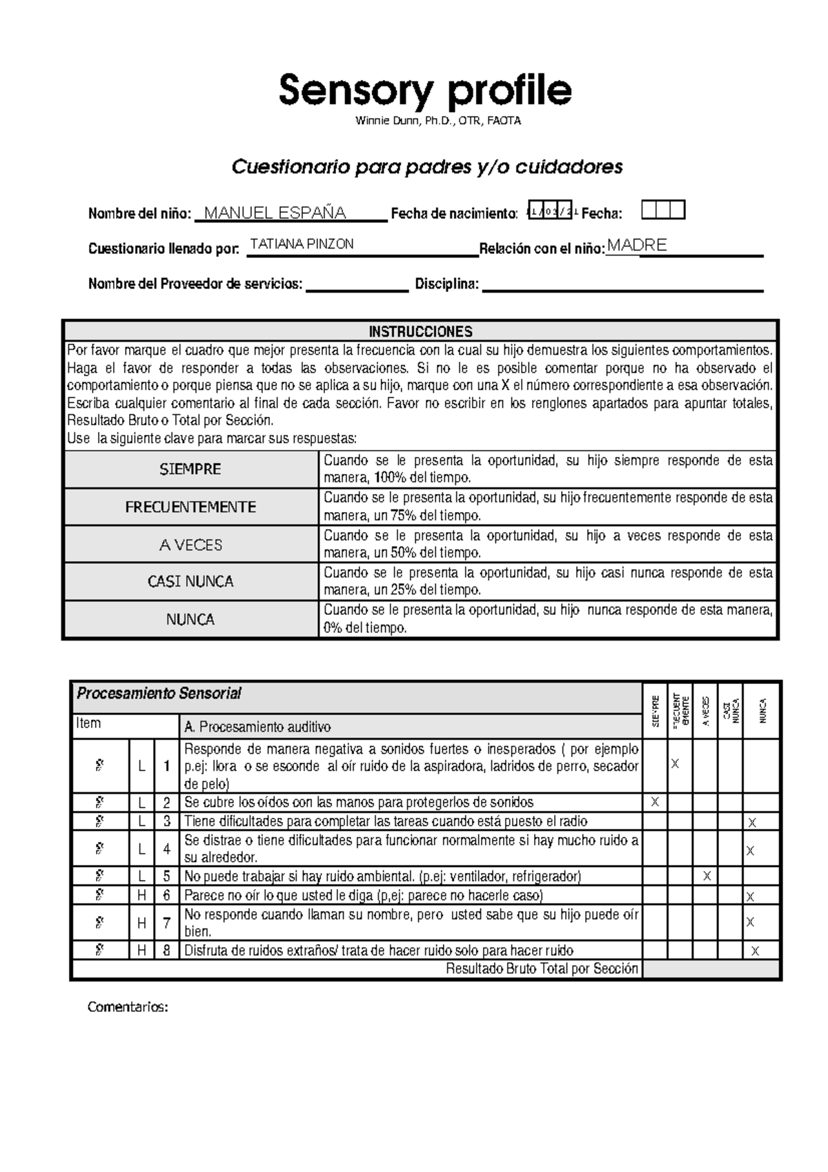 Sensory profile 2 - Sensory profile Cuestionario para - Studocu