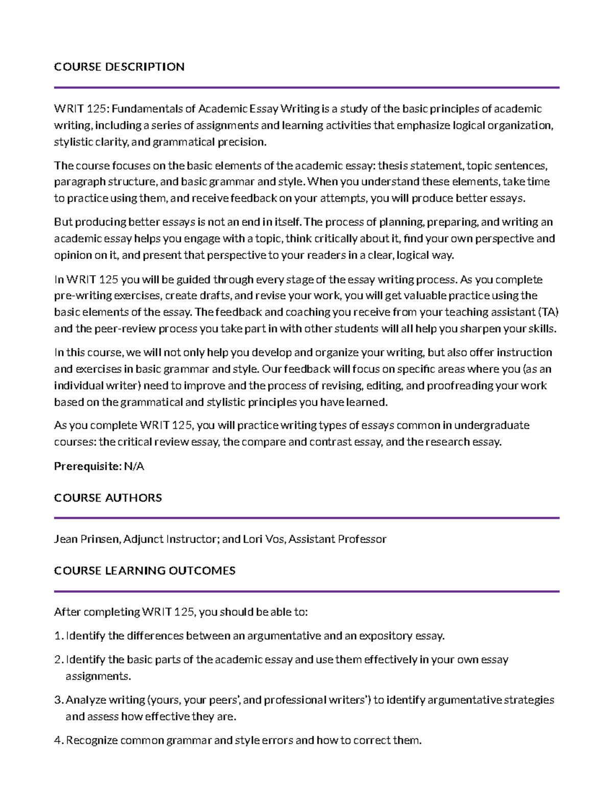Syllabus - WRIT 125 - Fundamentals of Academic Essay Writing (ASO) F22 ...