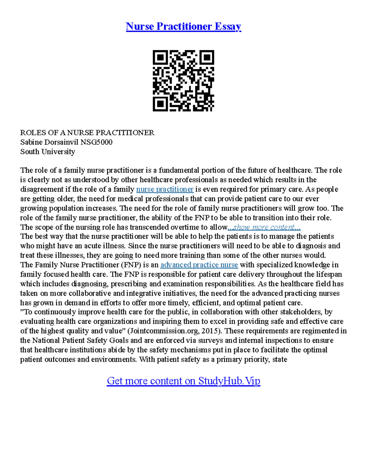 Nurse Practitioner Entrance Essay - Nurse Practitioner Essay ROLES OF A ...