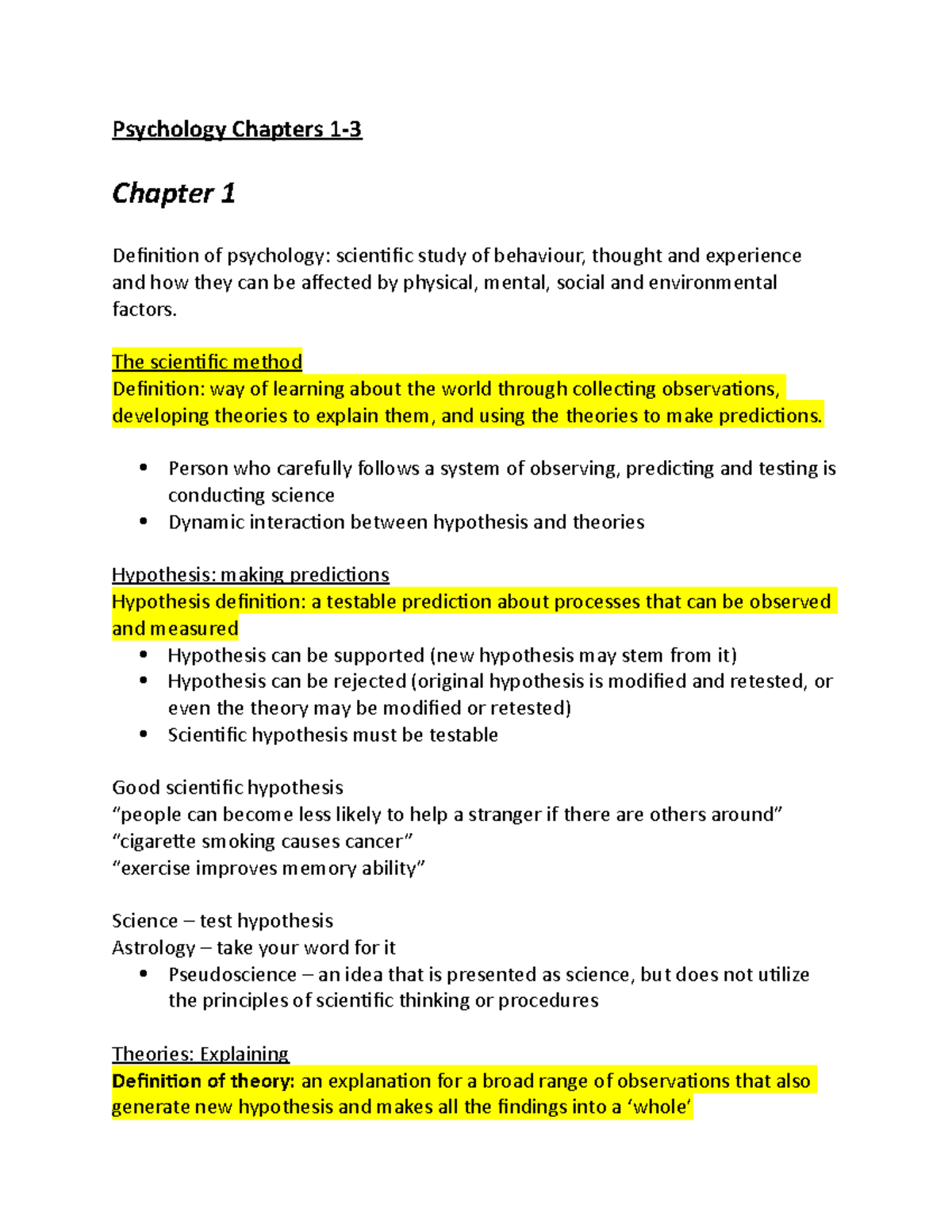 Psychology notes chapter 1-3 - Psychology Chapters 1- Chapter 1 ...
