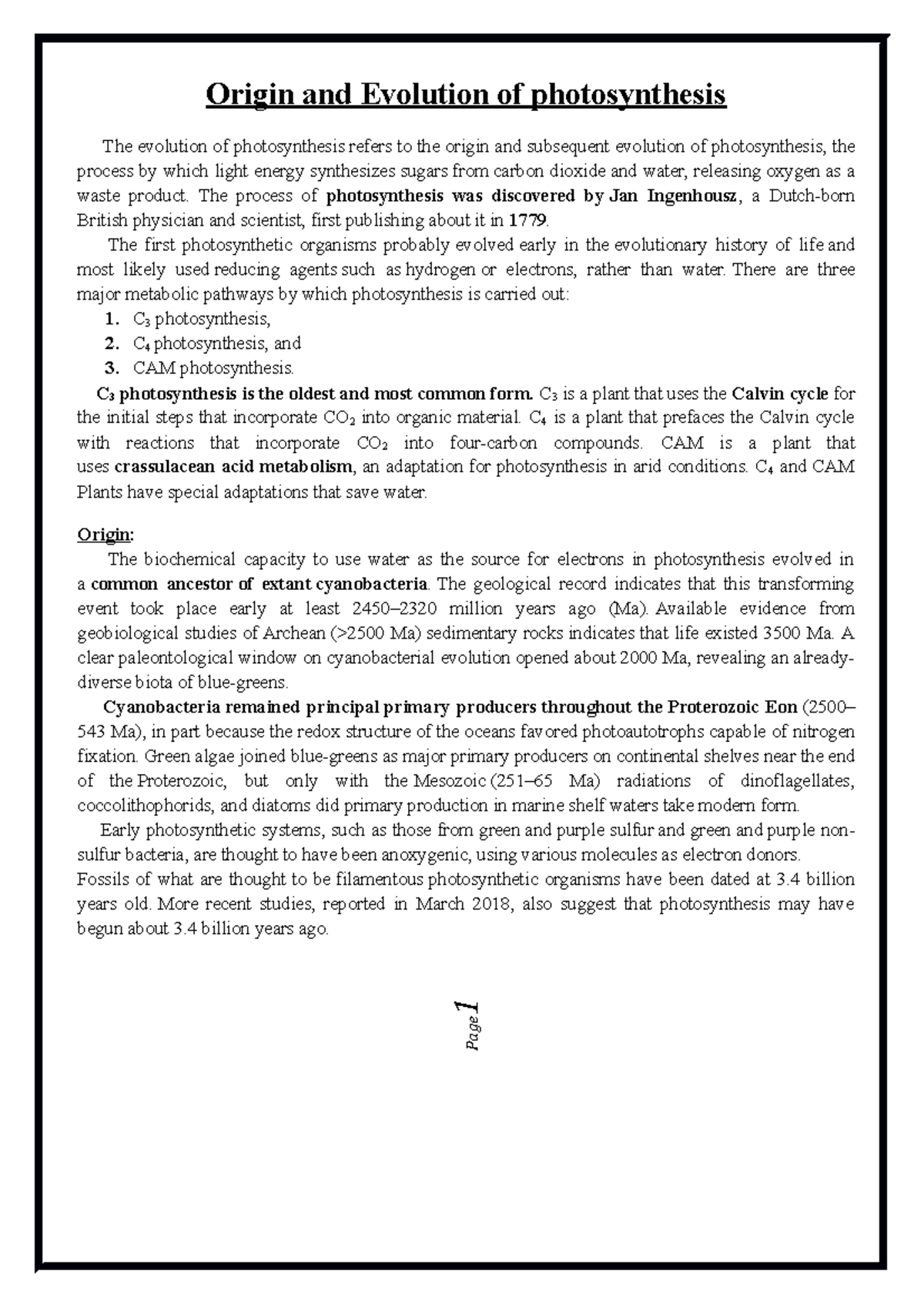Origin and Evolution of photosynthesis - Page 1 Origin and Evolution of ...