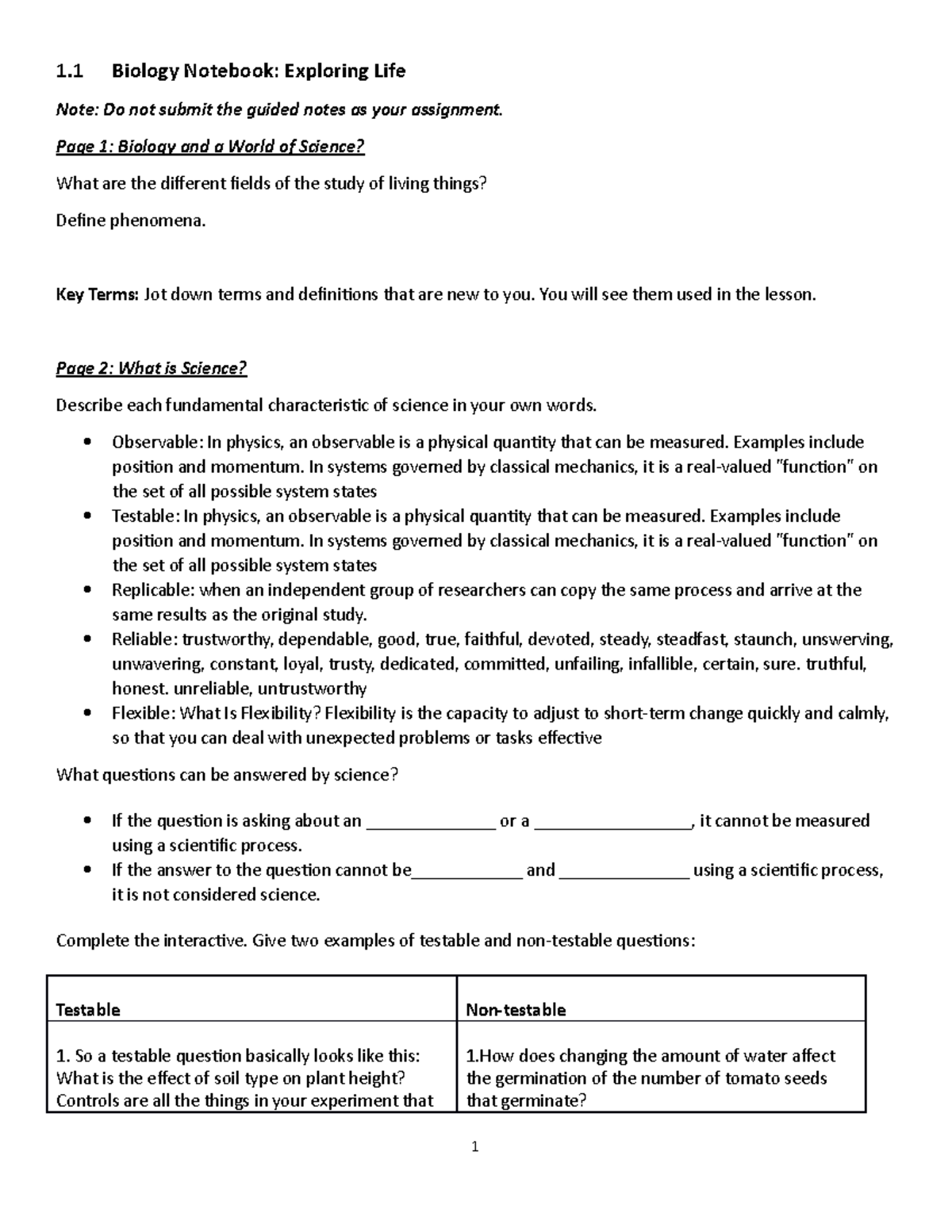 01 01 exploring life - 1 Biology Notebook: Exploring Life Note: Do not ...
